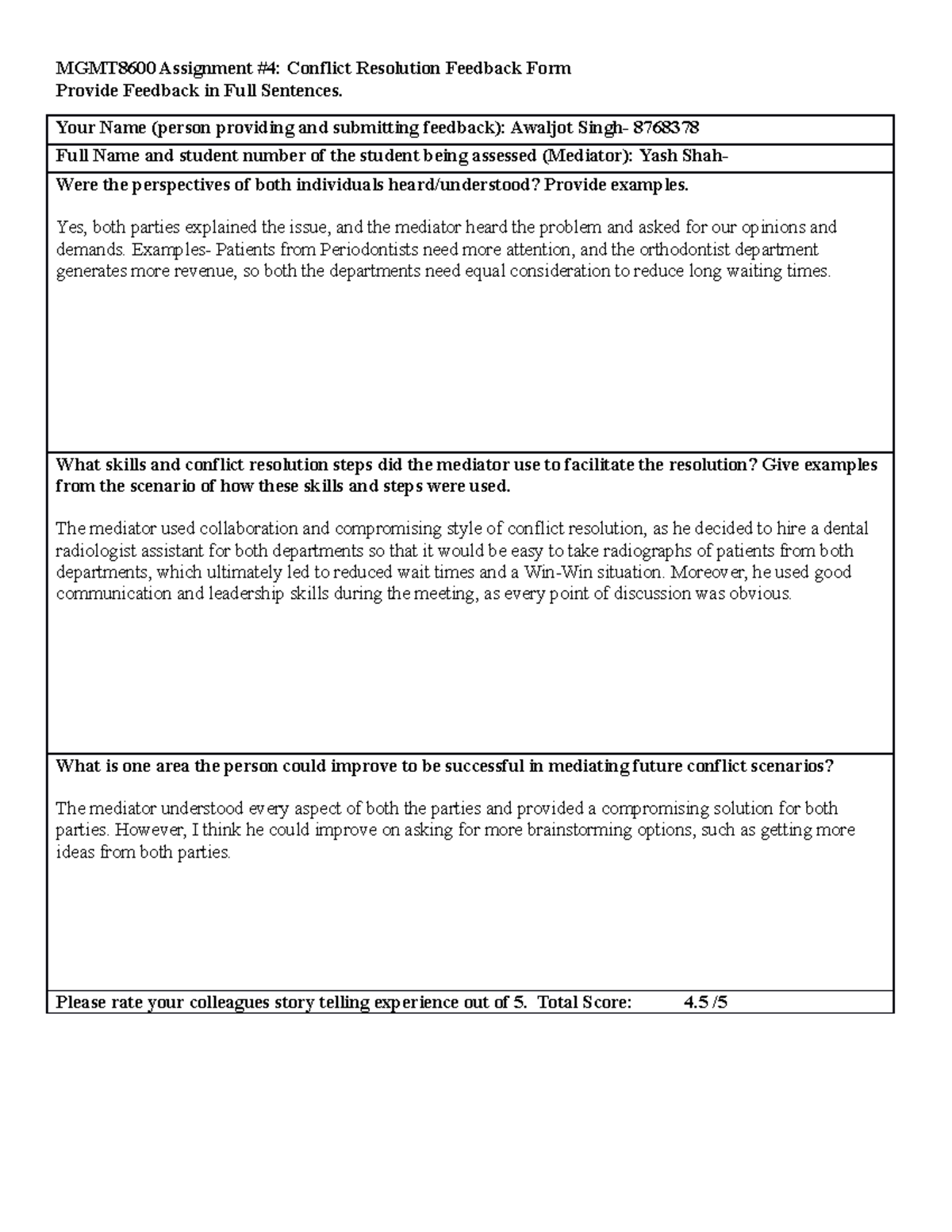 Assignment 4 - Peer Feedback - MGMT8600 Assignment #4: Conflict Resolution Feedback Form Provide ...