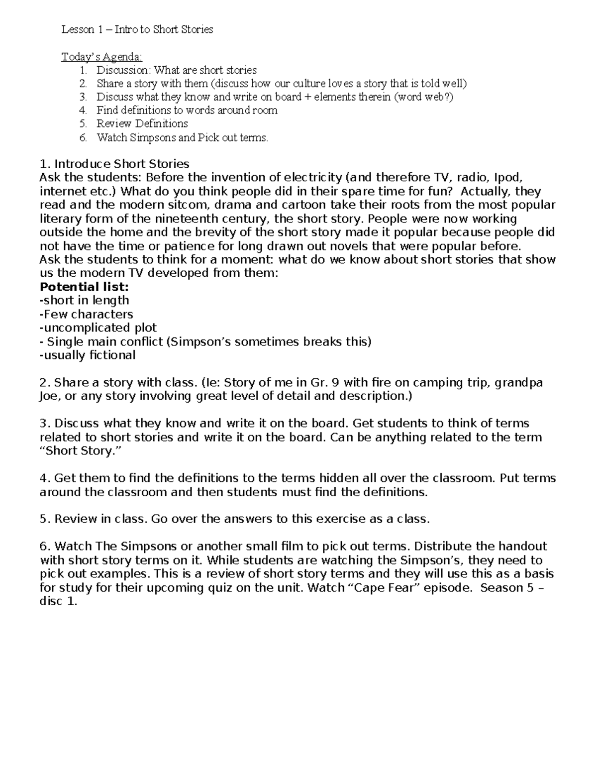 Lesson 1 -intro to short stories - terms simpsons - Lesson 1 – Intro to ...