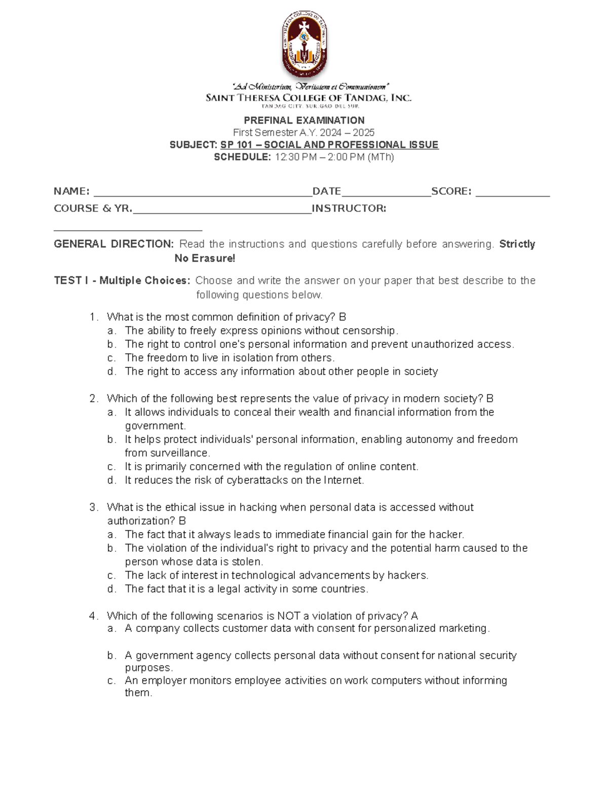 SP101 Prefinal Examination - PREFINAL EXAMINATION First Semester A. 2024 – 2025 SUBJECT: SP 101 ...