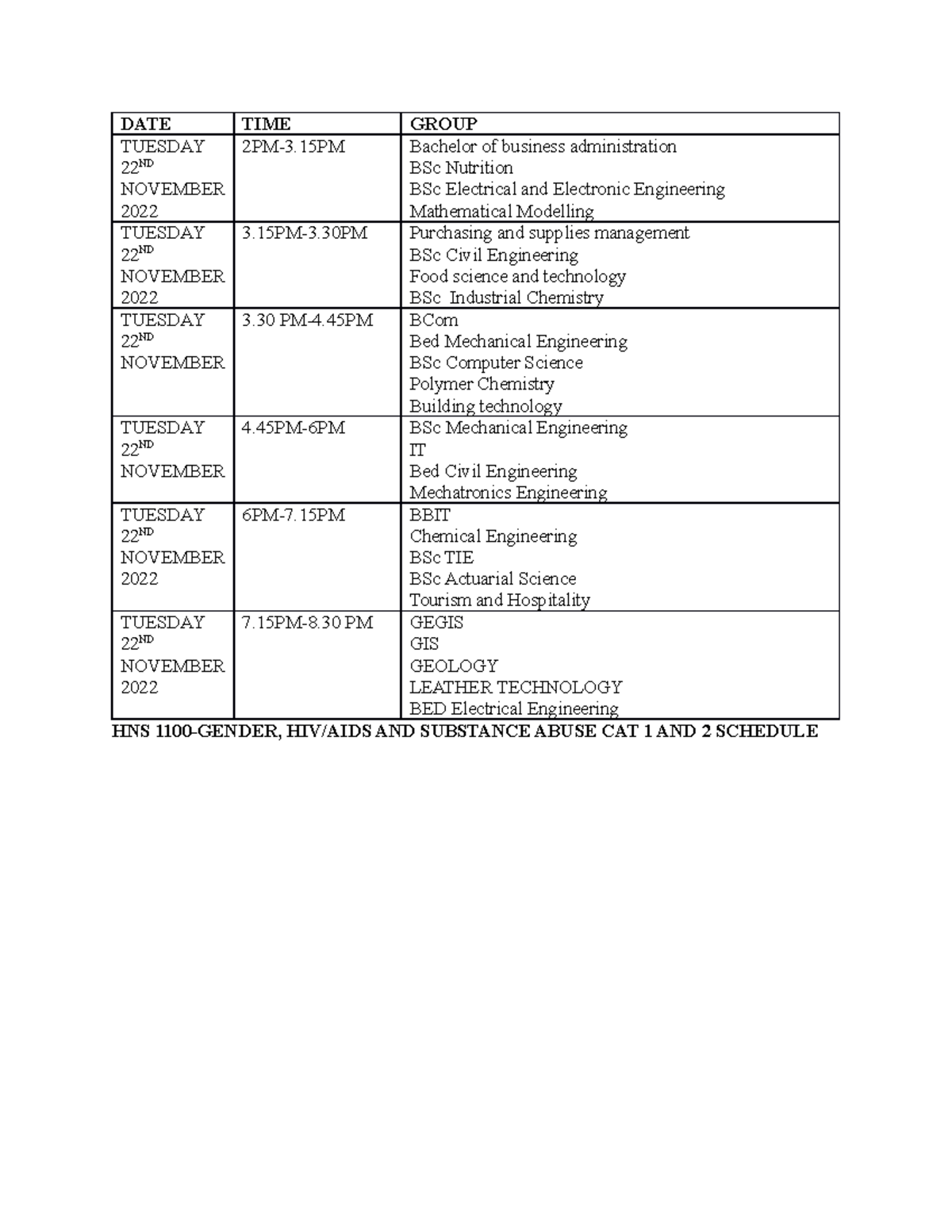 HNS 1100 Schedule SEPT 2022 Cohort - DATE TIME GROUP TUESDAY 22 ND ...