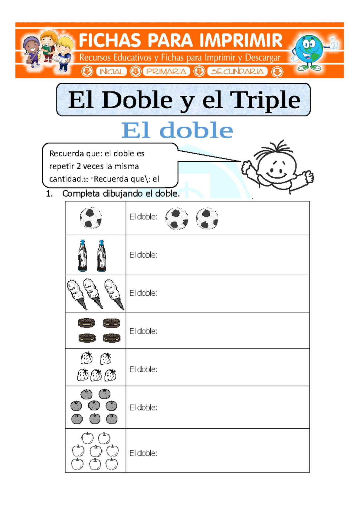Ficha de El Doble para Segundo de Primaria - 1. Completa dibujando el ...