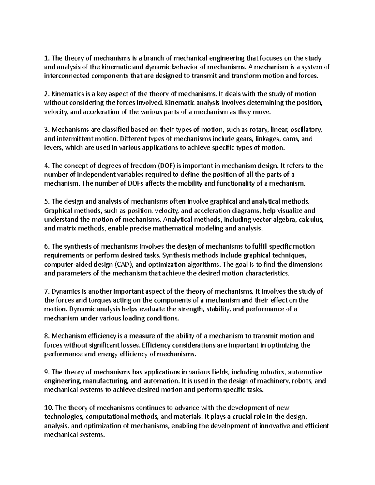 Theory of Mechanism - summary - MA2002 - NTU - Studocu