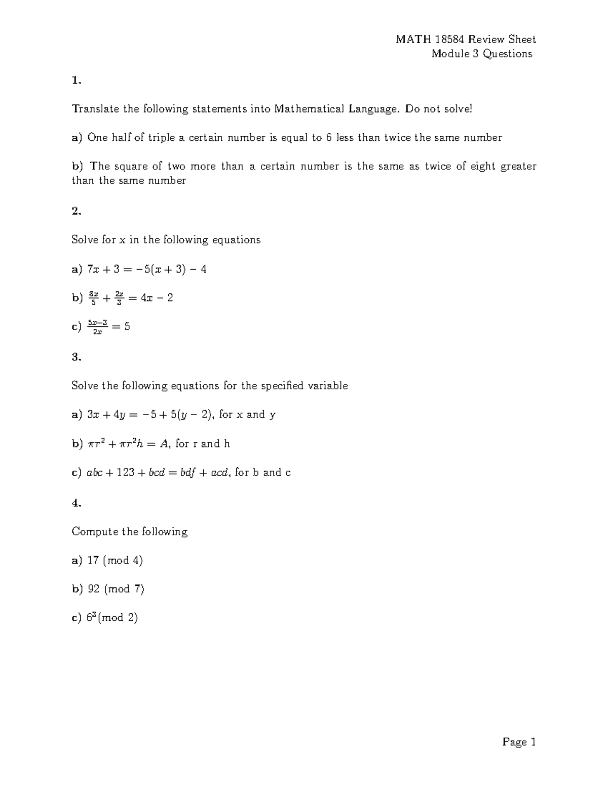 Review - Module 3 Questions - MATH 18584 Review Sheet Module 3 Questions Translate the following ...