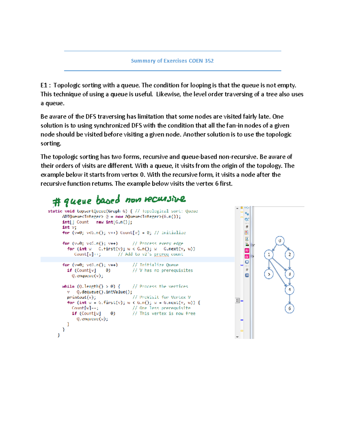 Summary Exercices - Pratique dexamen - Summary of Exercises COEN 352 E1 : Topologic sorting with ...