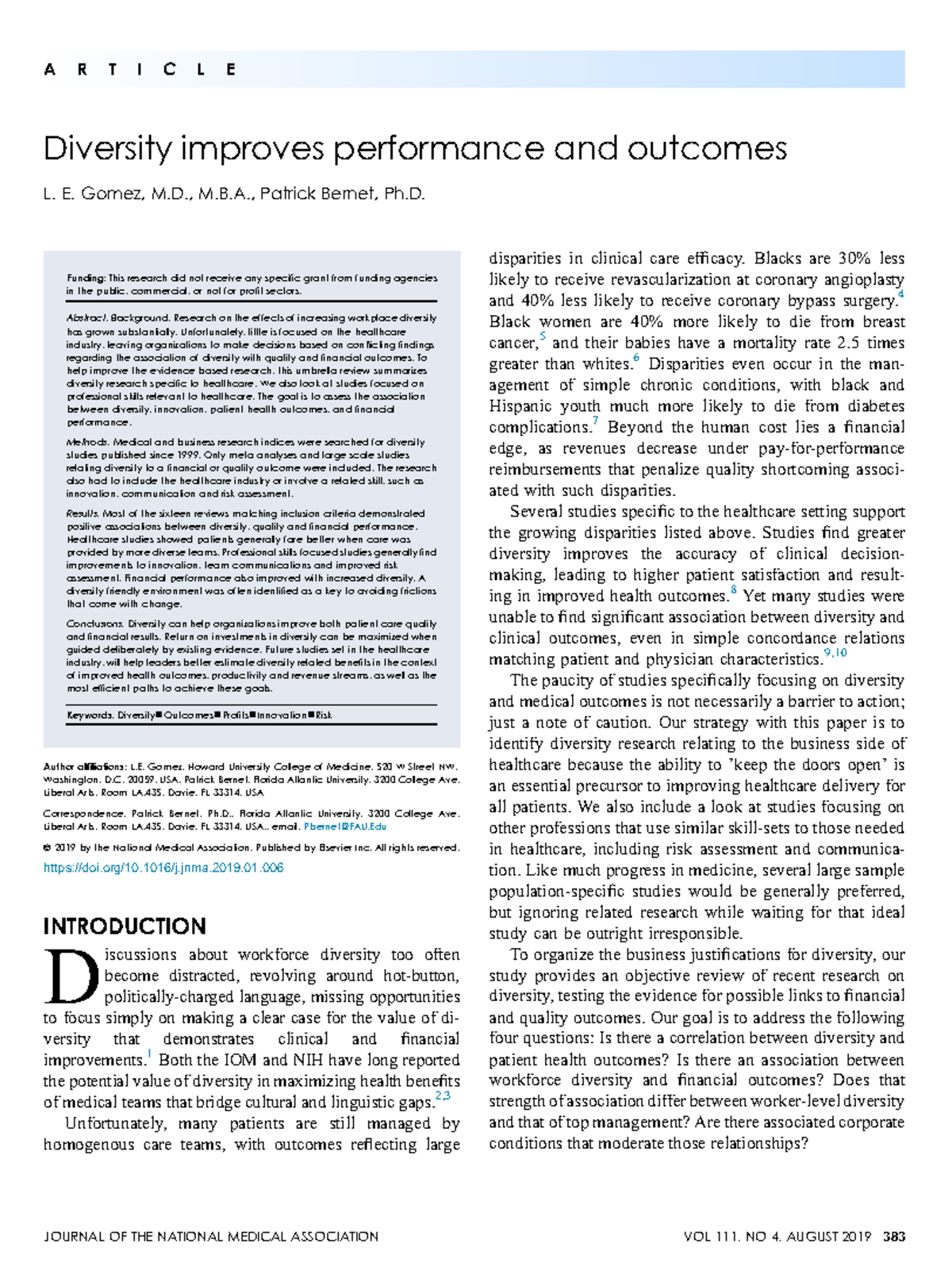 Diversity improves performance - E. Gomez, M., M.B., Patrick Bernet, Ph ...
