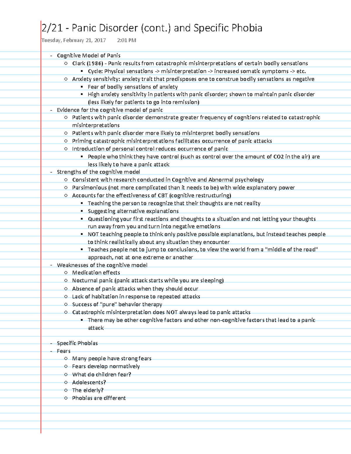 PSY422 2-21-17 Notes - Panic Disorder (cont.) and Specific Phobia ...