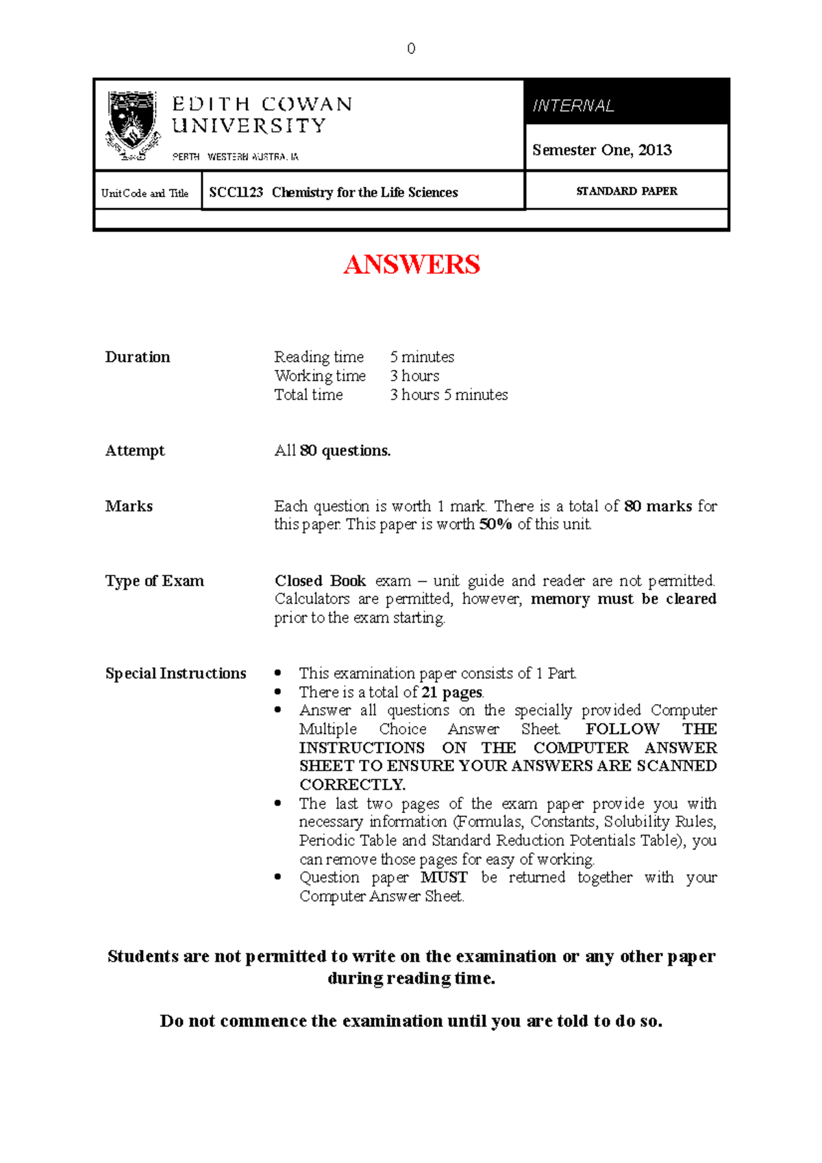 Exam 2013, answers - INTERNAL Semester One, 2013 Unit Code and Title SCC1123 Chemistry for the ...