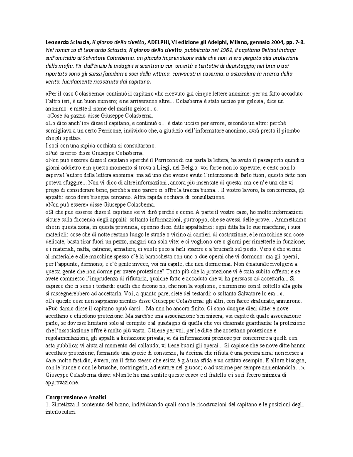 Sciascia - compiti - Leonardo Sciascia, Il giorno della civetta ...