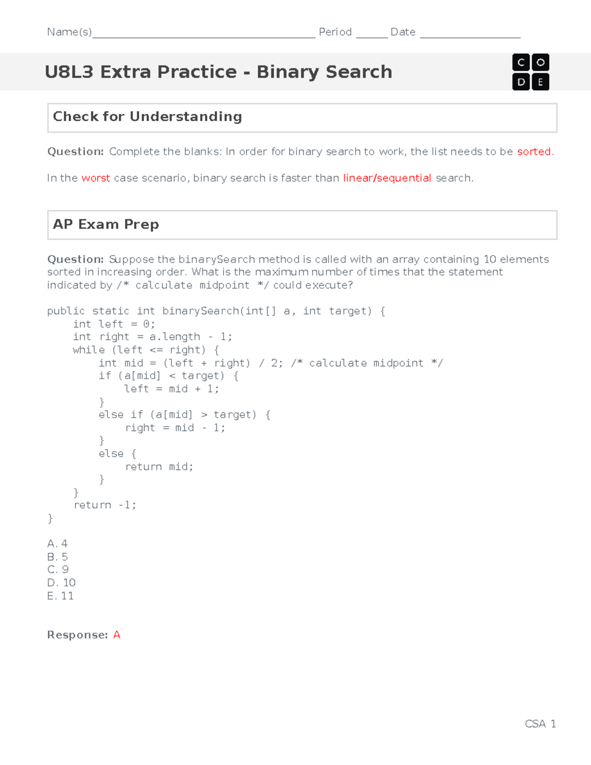 [KEY] CSA U8L3 Extra Practice - Name(s)__________________________________________ Period ...
