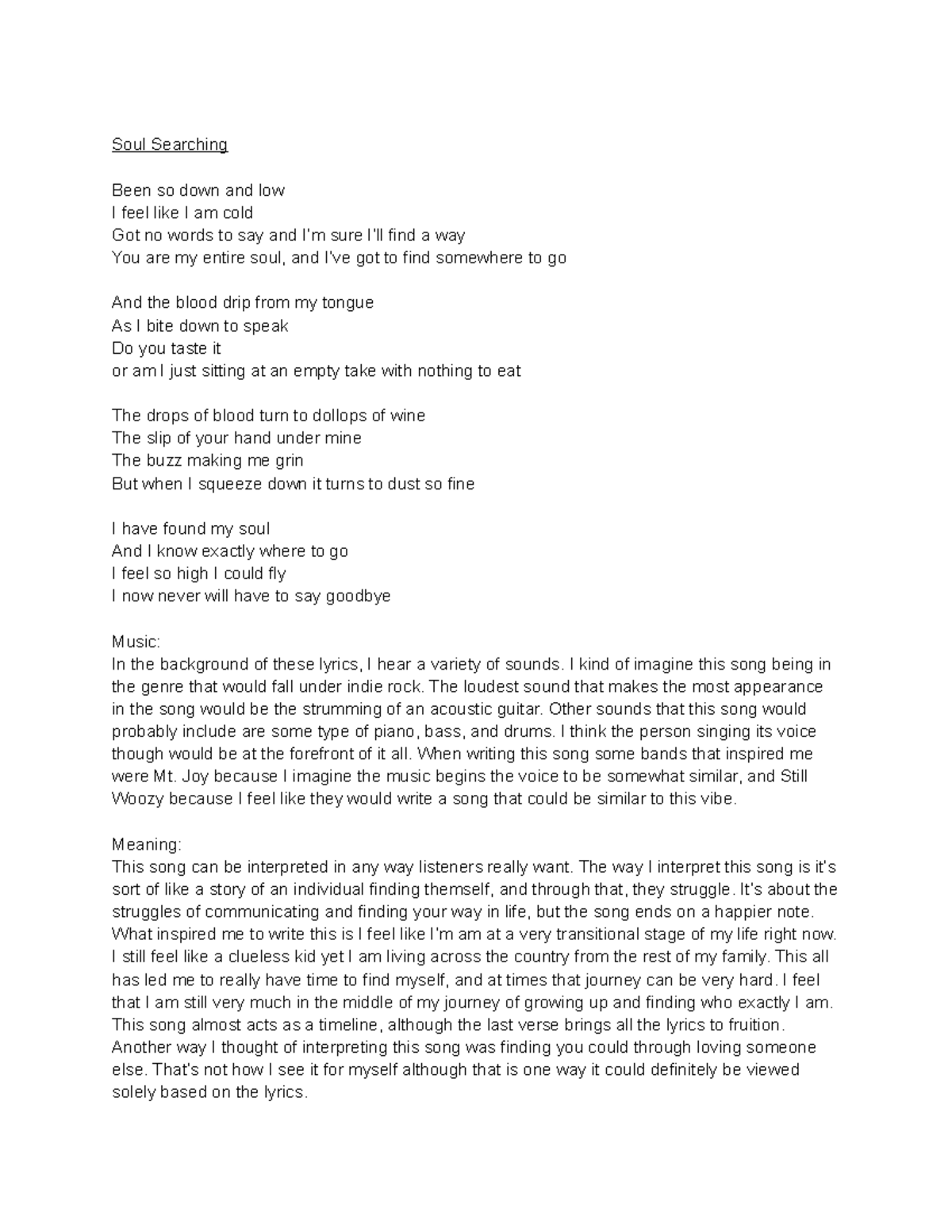Essay 2 - Writing a rock song - Soul Searching Been so down and low I ...