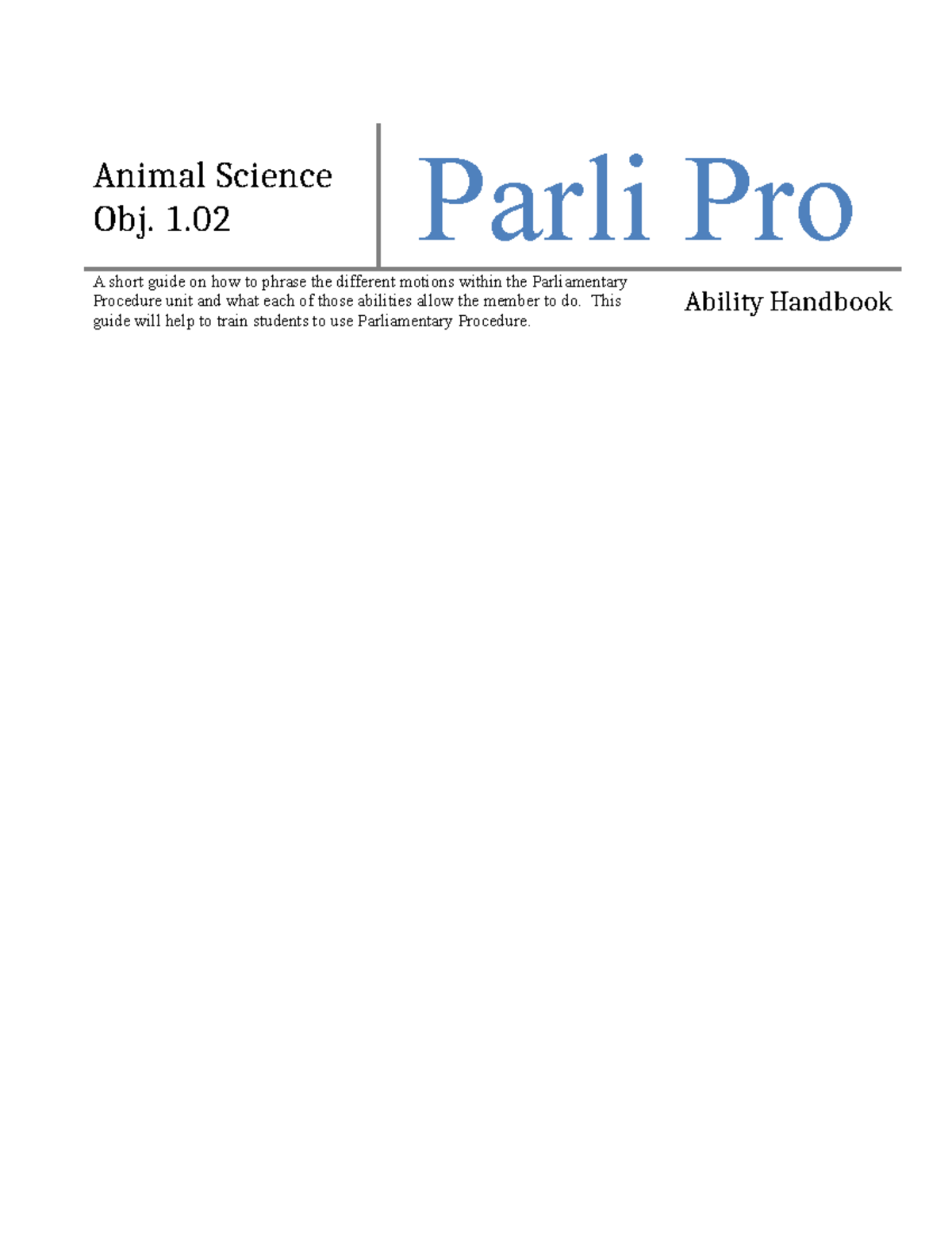 1.02- Parli Pro Ability Handbook - Animal Science Obj. 1. Parli Pro A ...