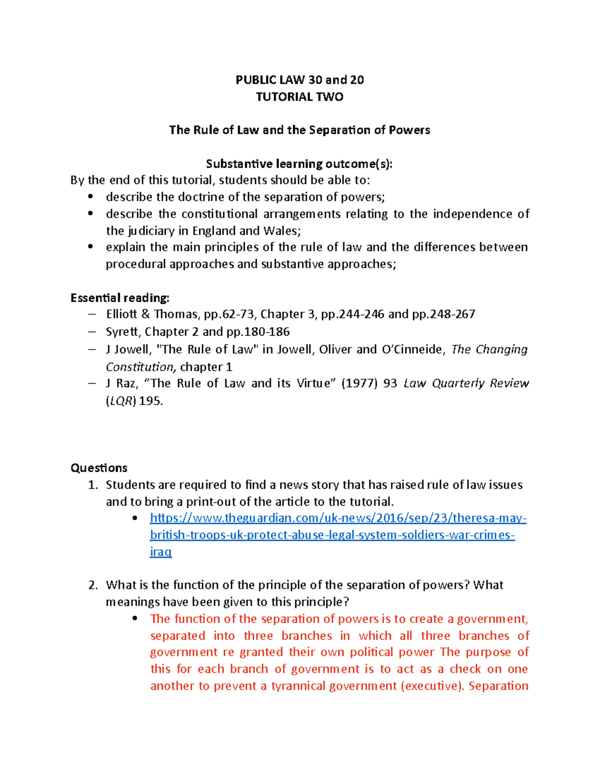 Public LAW tutorial 2 - PUBLIC LAW 30 and 20 TUTORIAL TWO The Rule of ...