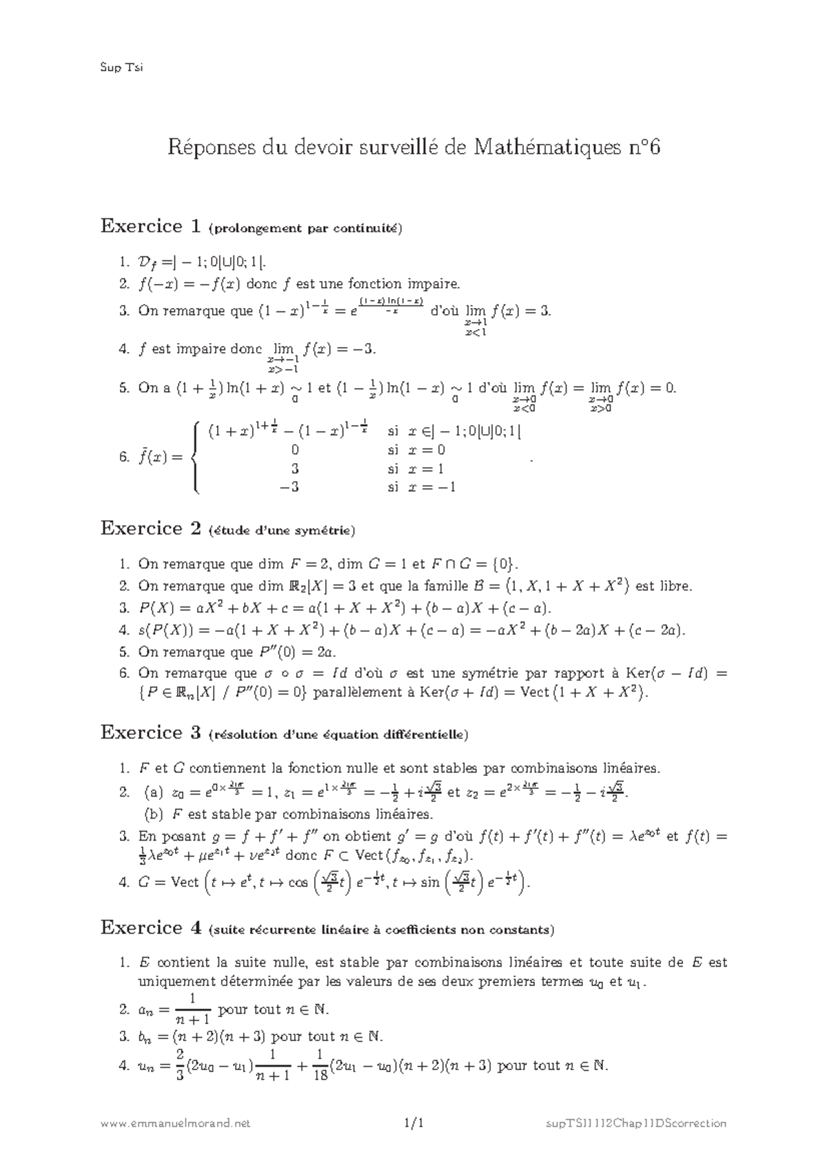 Devoir 11 corrige - Sup Tsi R ́eponses du devoir surveill ́e de Math ...