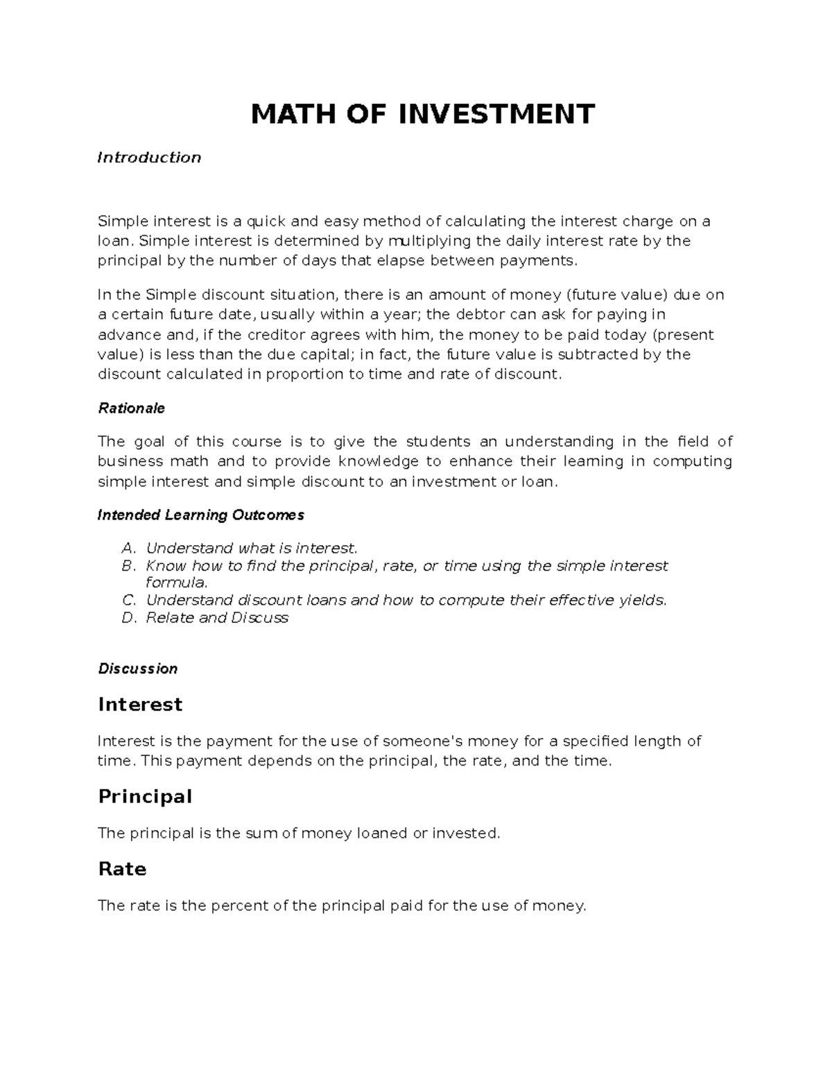 MATH OF Investment - MATH OF INVESTMENT Introduction Simple interest is ...