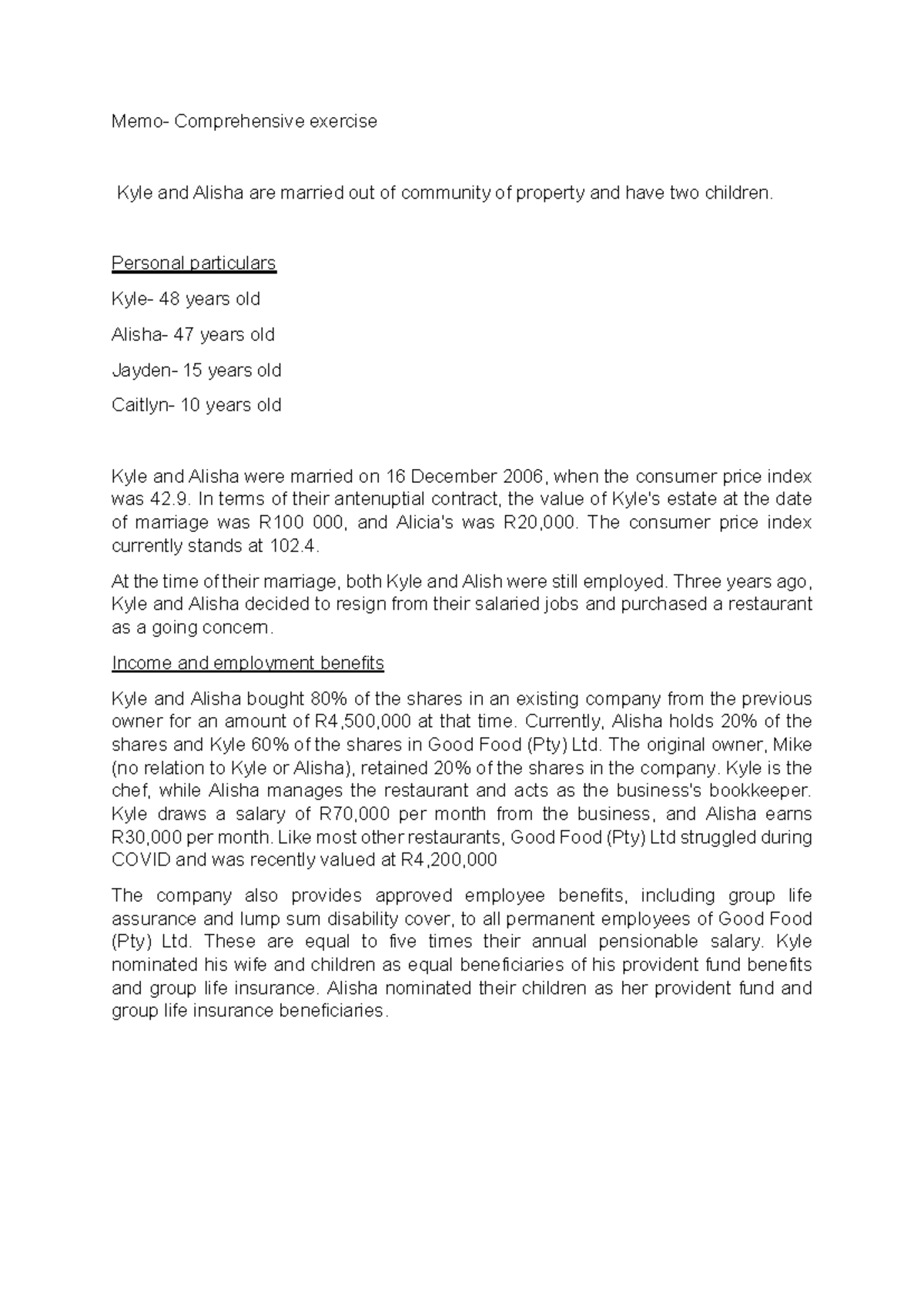 Wil 306 D - Comprehensive example-memo - Memo- Comprehensive exercise ...