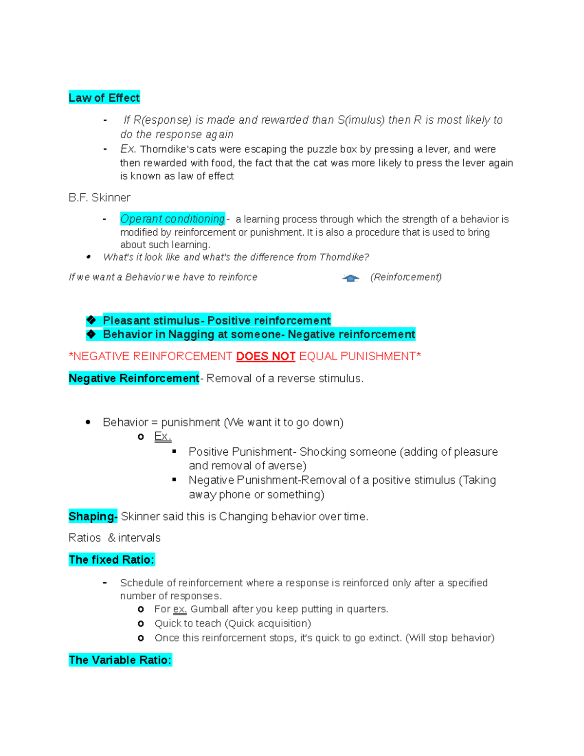 Psych notes-3 - Law of Effect If R(esponse) is made and rewarded than S ...