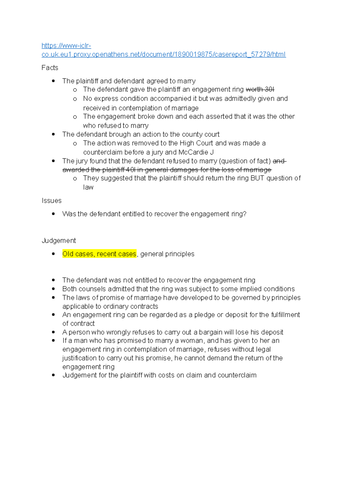 Cohen v Sellar - Right to recover engagement ring after marriage broke ...