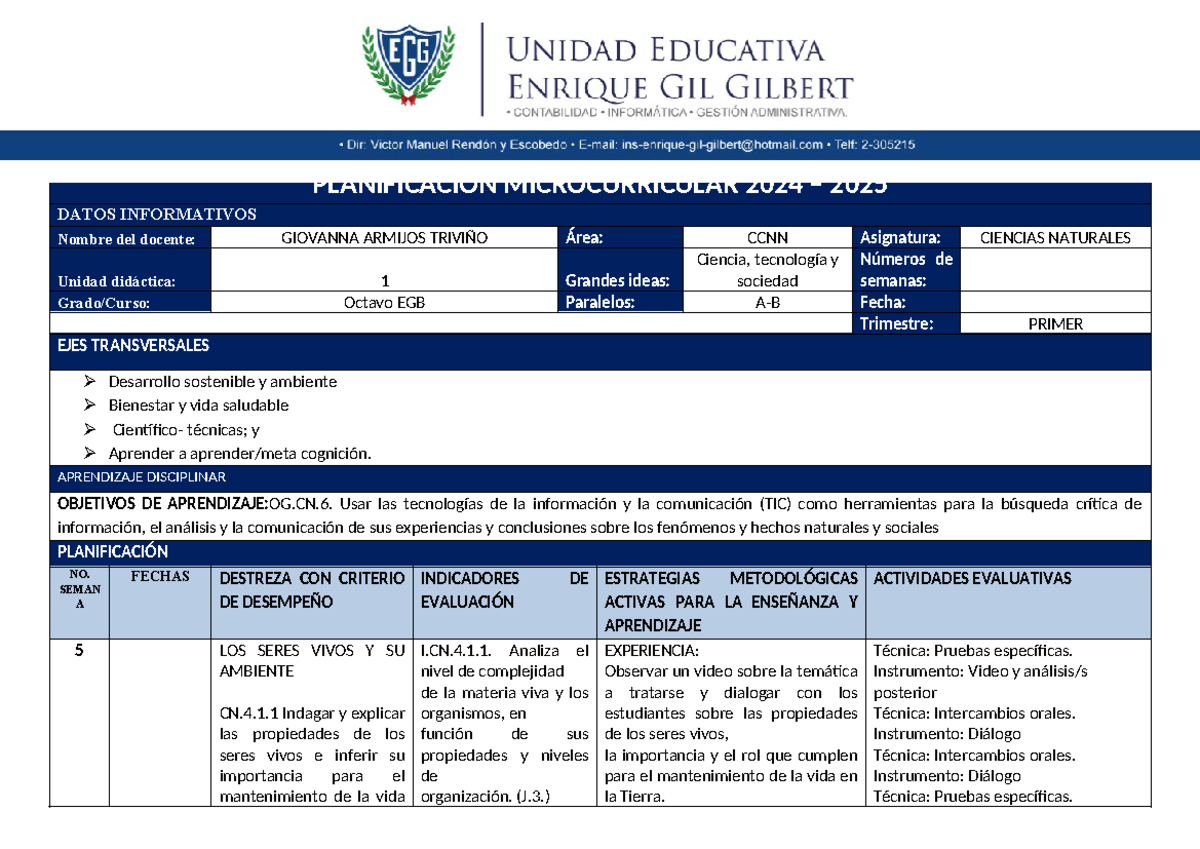 Plan 8 ccnn U1 - Es un plan de unidad - PLANIFICACIÓN MICROCURRICULAR 2024 – 2025 DATOS ...