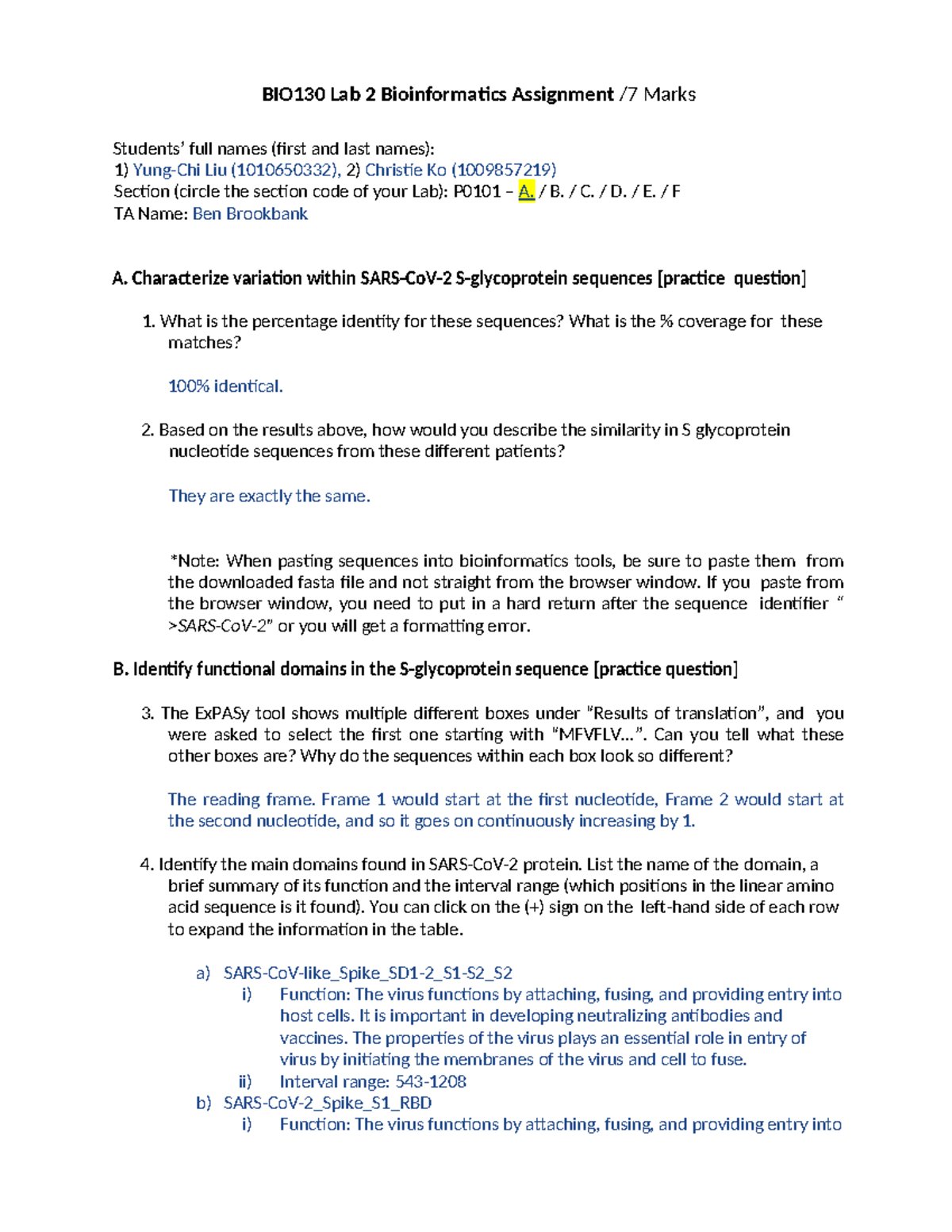 BIO130 Lab 2 Bioinformatics Assignment 2024 - BIO130 Lab 2 Bioinformatics Assignment /7 Marks ...