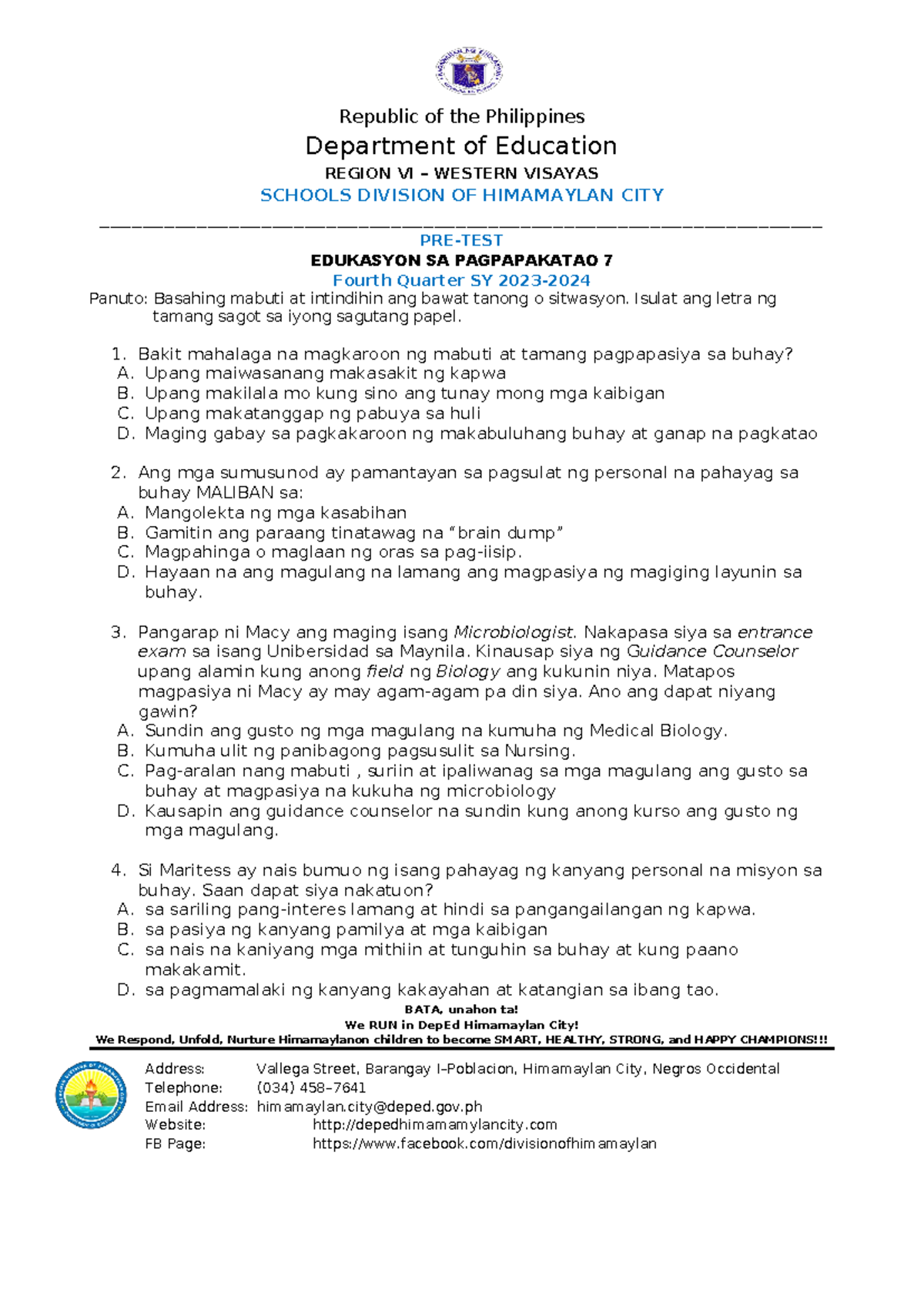 ESP7 4th QRT-Pre Test - Notes for students - Department of Education ...