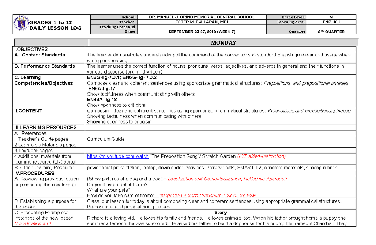 DLL English-6 Q2 W7-demo - GRADES 1 to 12 DAILY LESSON LOG School: DR. MANUEL J. GRIÑO MEMORIAL ...