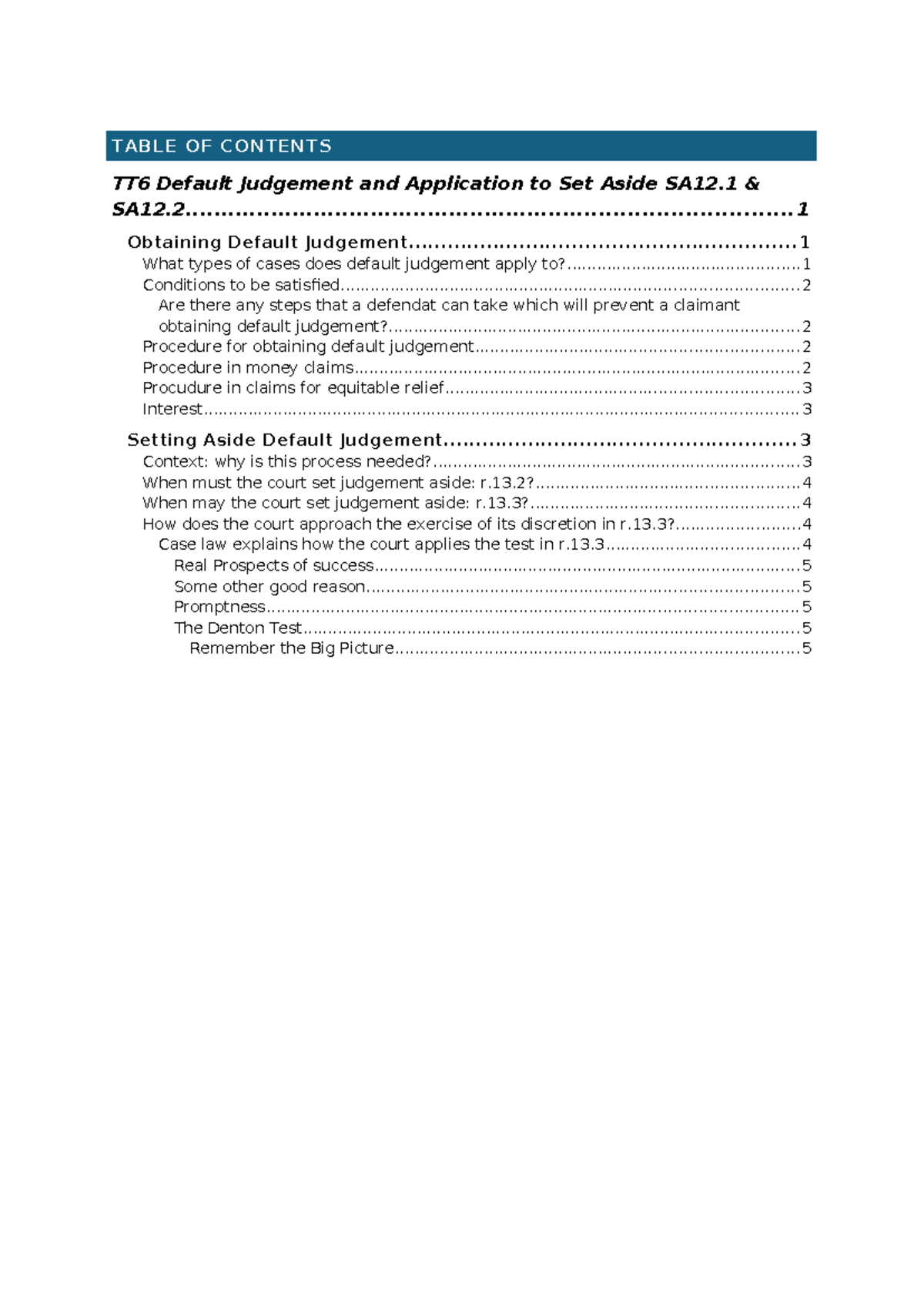 TT6 Default Judgement and Application to Set Aside SA12 - TABLE OF CONTENTS - Studocu
