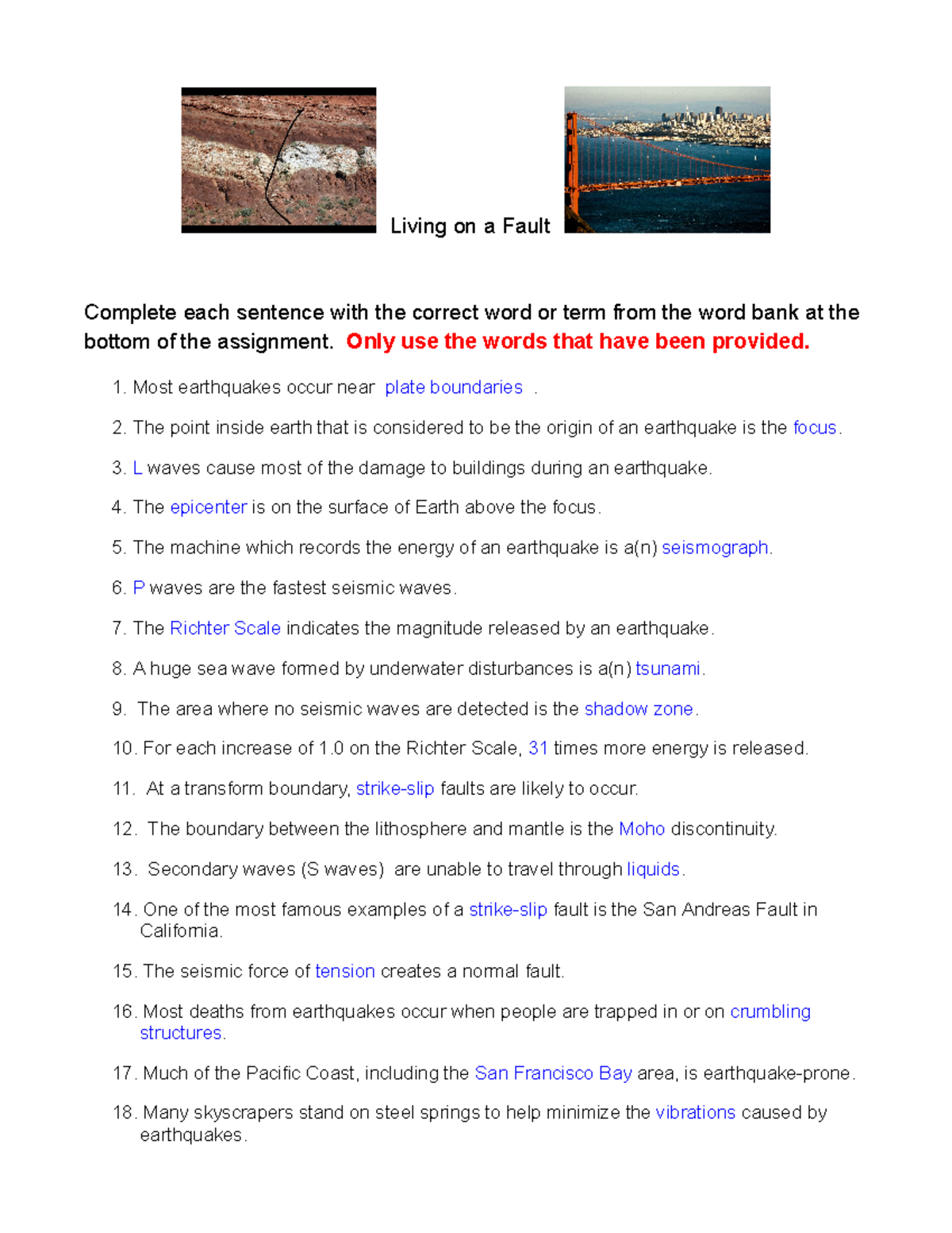 Living on a Fault - Living on a Fault Complete each sentence with the ...