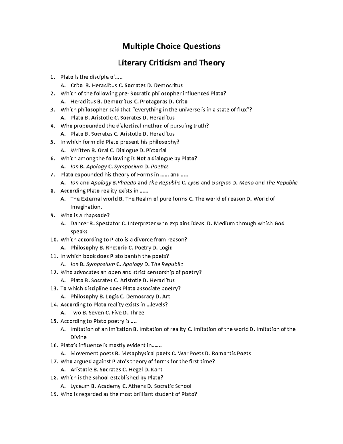 Liter-CRT - Multiple Choice Questions Literary Criticism and Theory ...