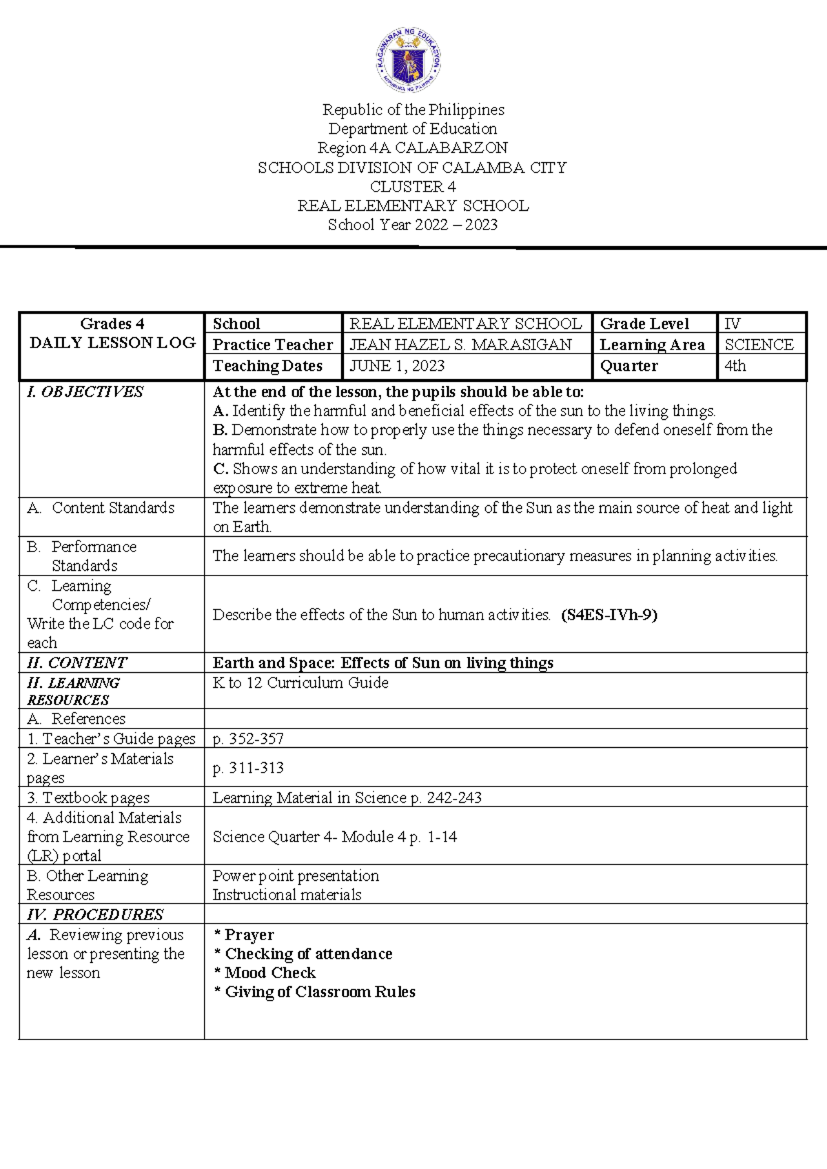 Final-DLL - Republic of the Philippines Department of Education Region ...