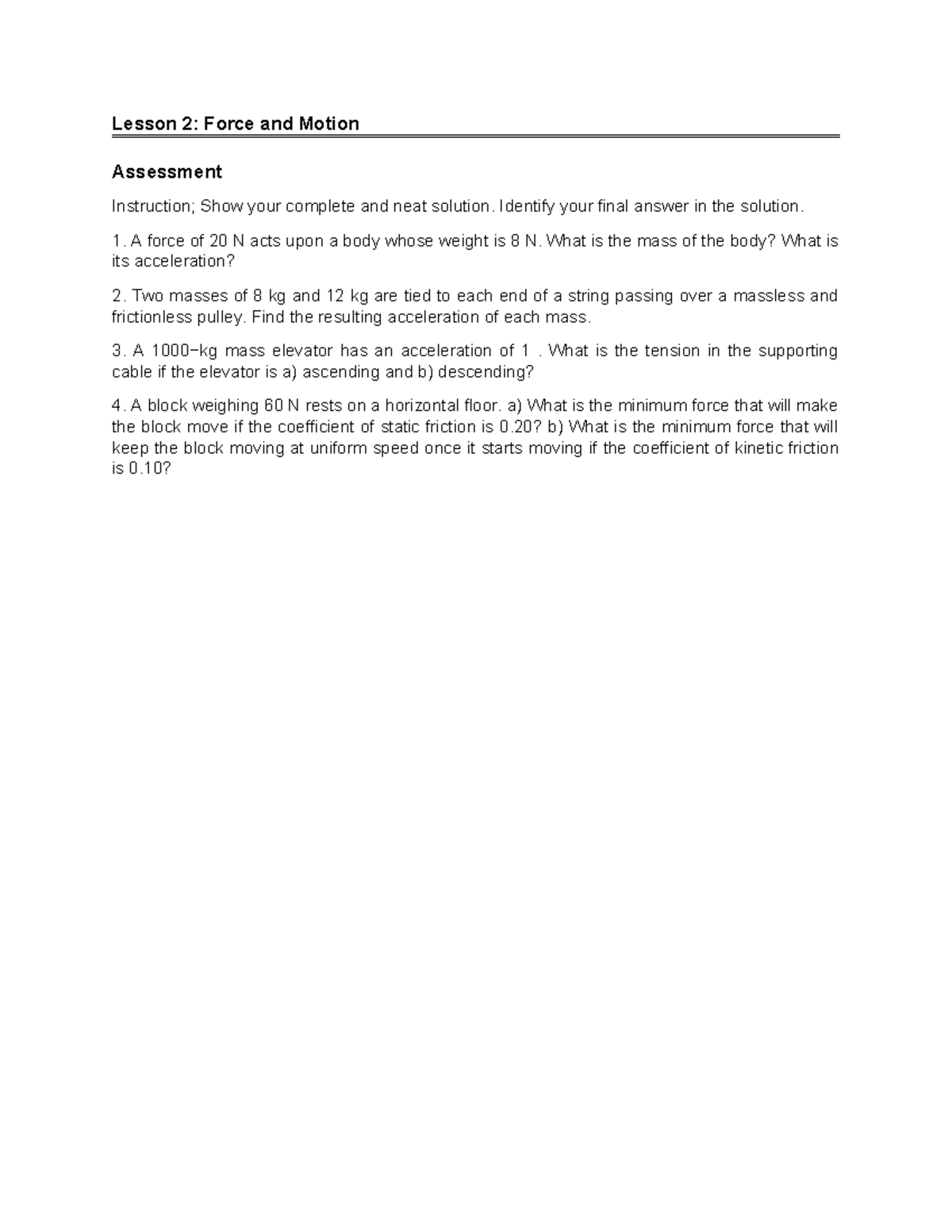 Assignment Lesson 2 Force and Motion - Lesson 2: Force and Motion ...