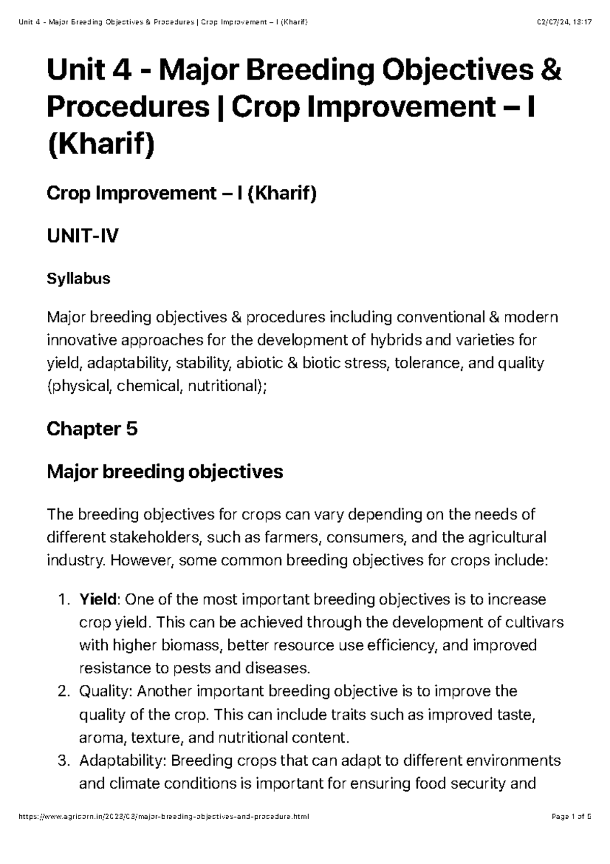 Unit 4 - Major Breeding Objectives & Procedures Crop Improvement – I ...