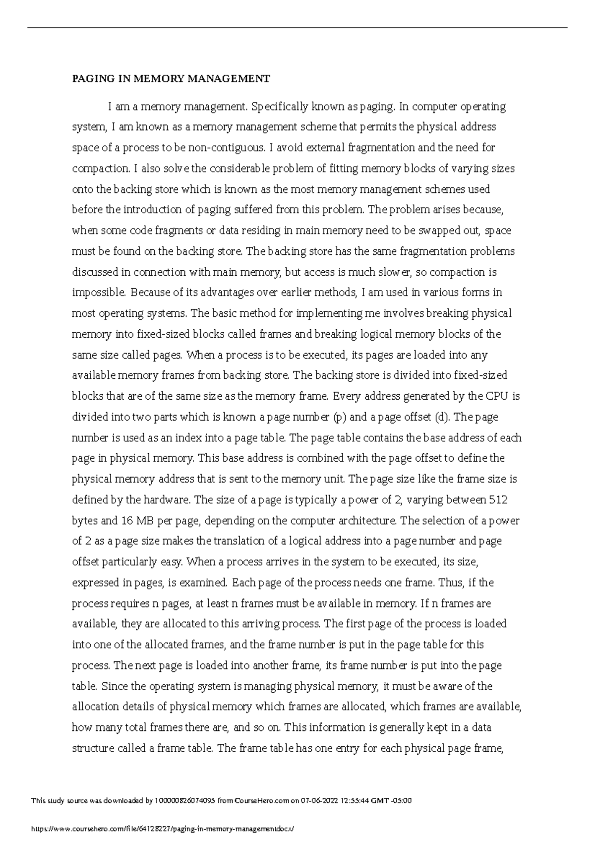 Paging in memory management - PAGING IN MEMORY MANAGEMENT I am a memory ...