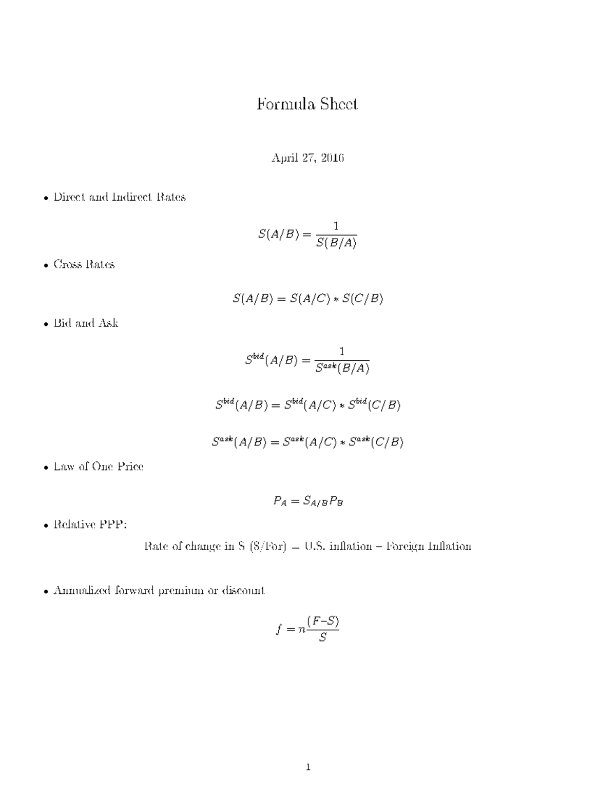 Formula sheet final - Formula Sheet April 27, 2016 • Direct and ...