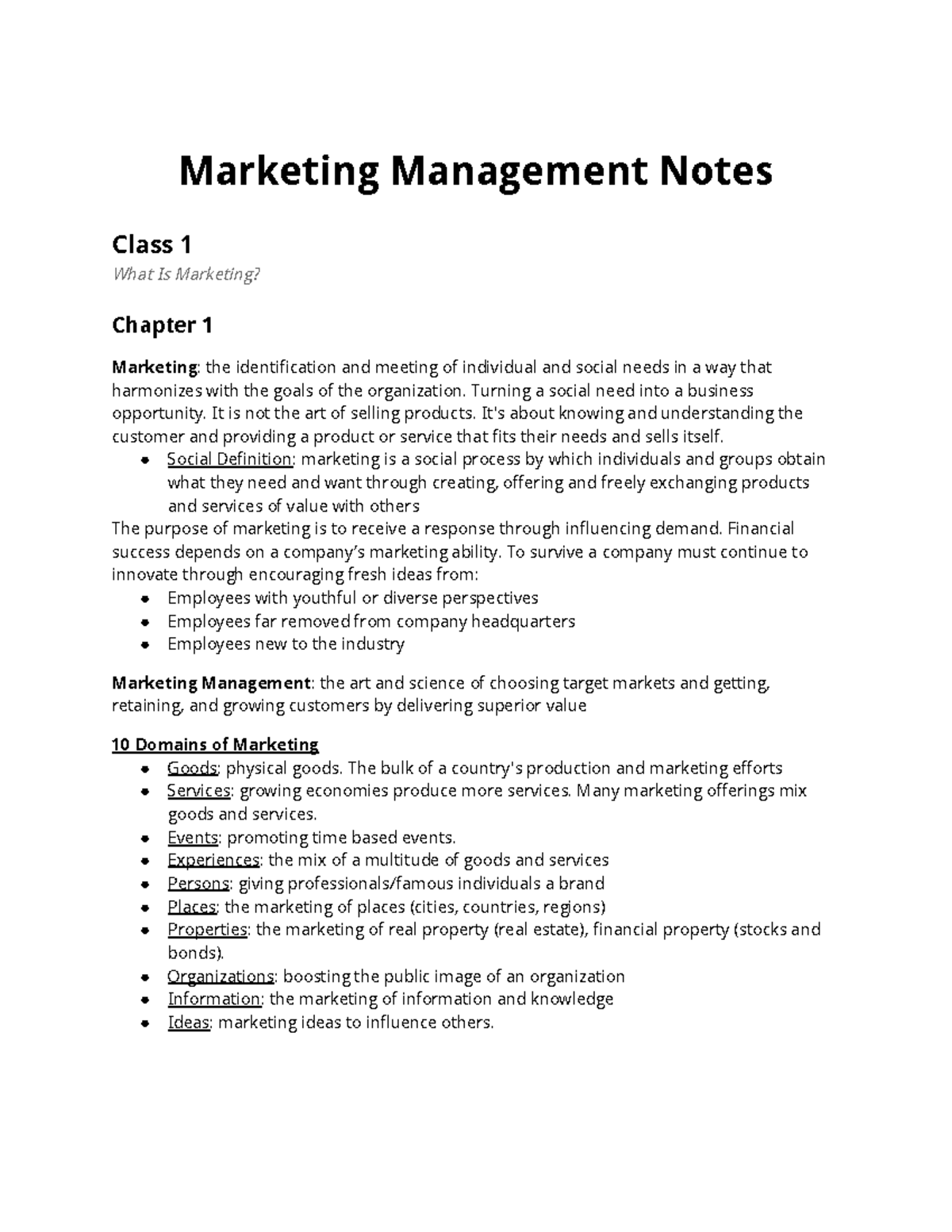 Marketing Management Notes-Stu Docu - Marketing Management Notes Class ...