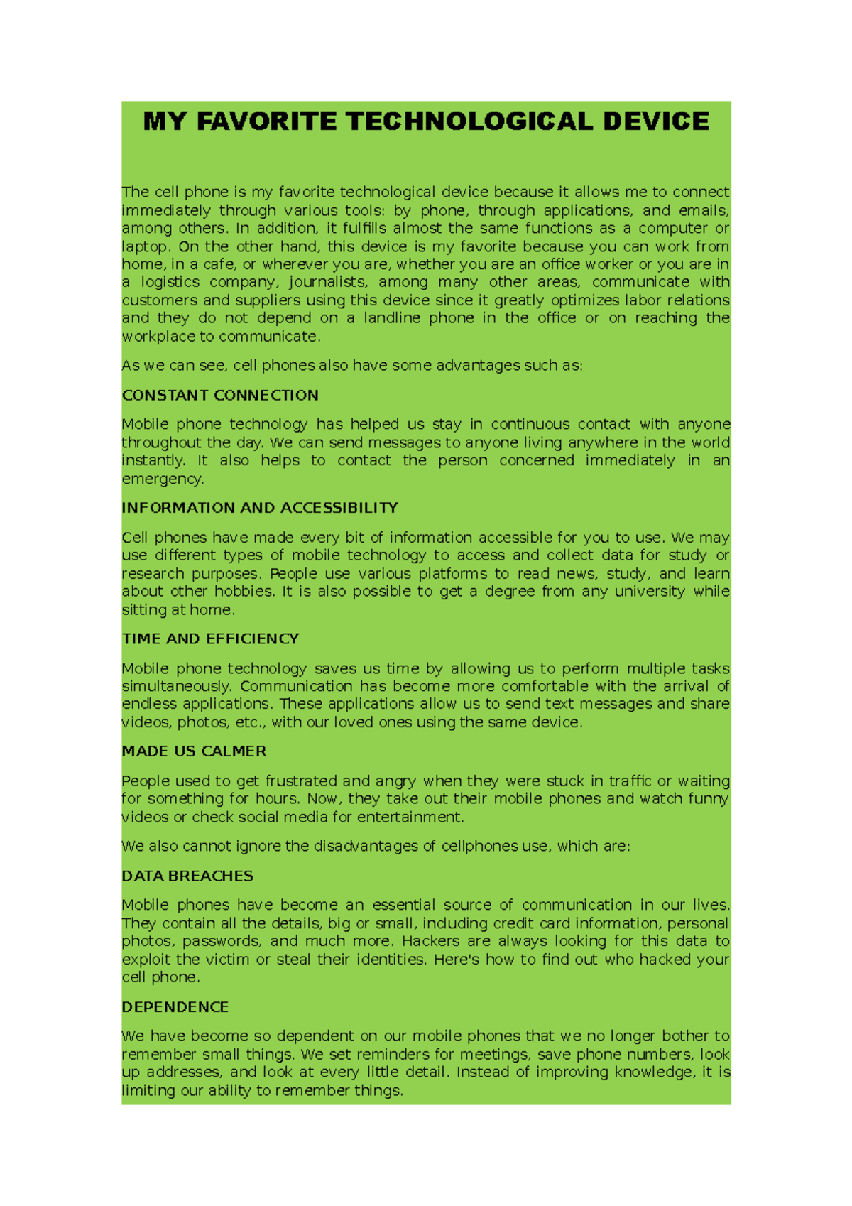 MY Favorite Technological Device - MY FAVORITE TECHNOLOGICAL DEVICE The ...