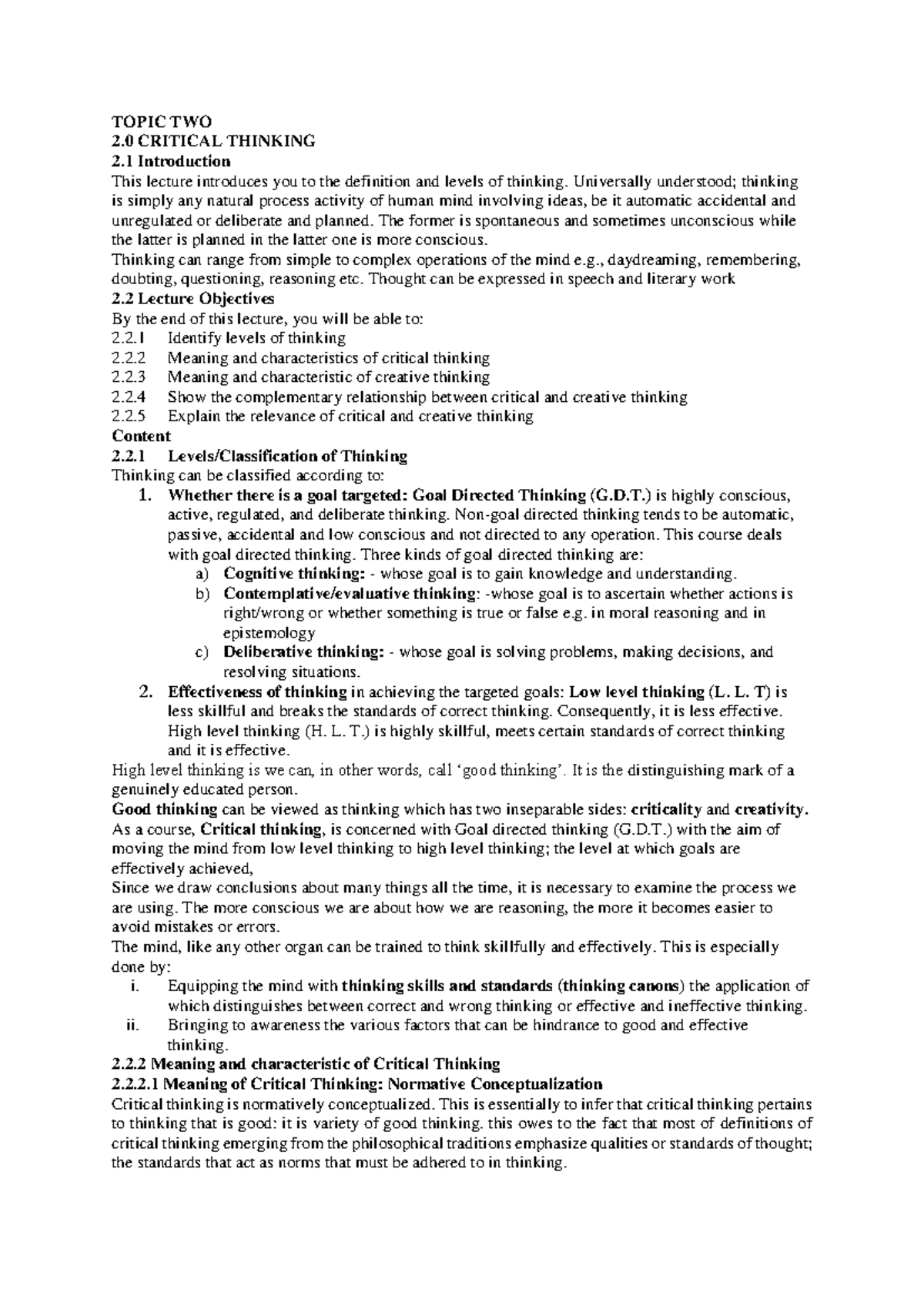 Topic TWO Critical & Creative Thinking - TOPIC TWO 2 CRITICAL THINKING ...