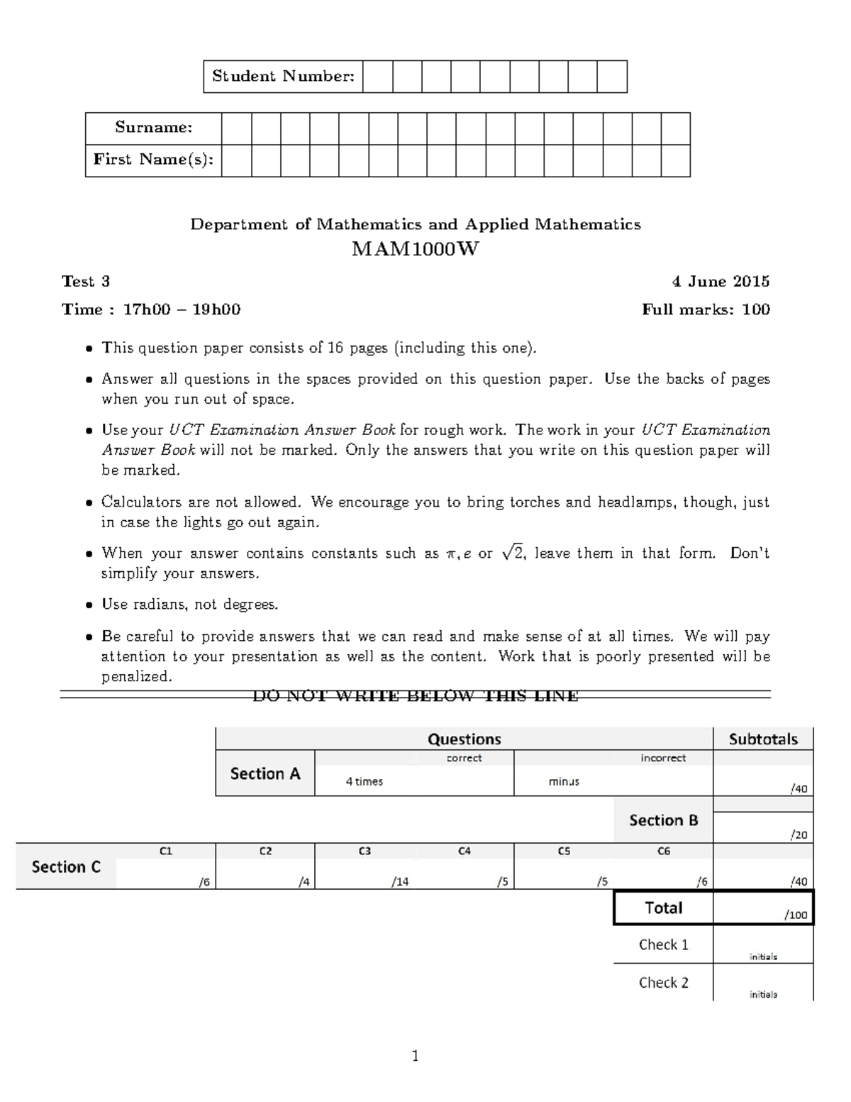 Test 3 2015, questions and answers - Student Number: Surname: First ...