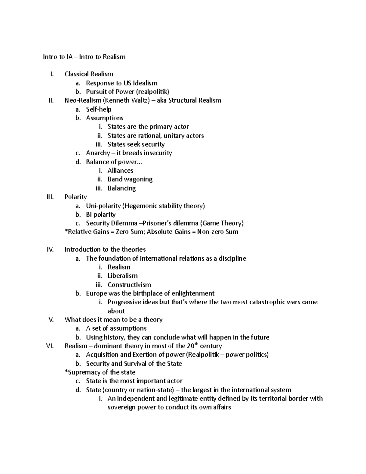 Intro to IA notes - Intro to IA – Intro to Realism I. Classical Realism ...