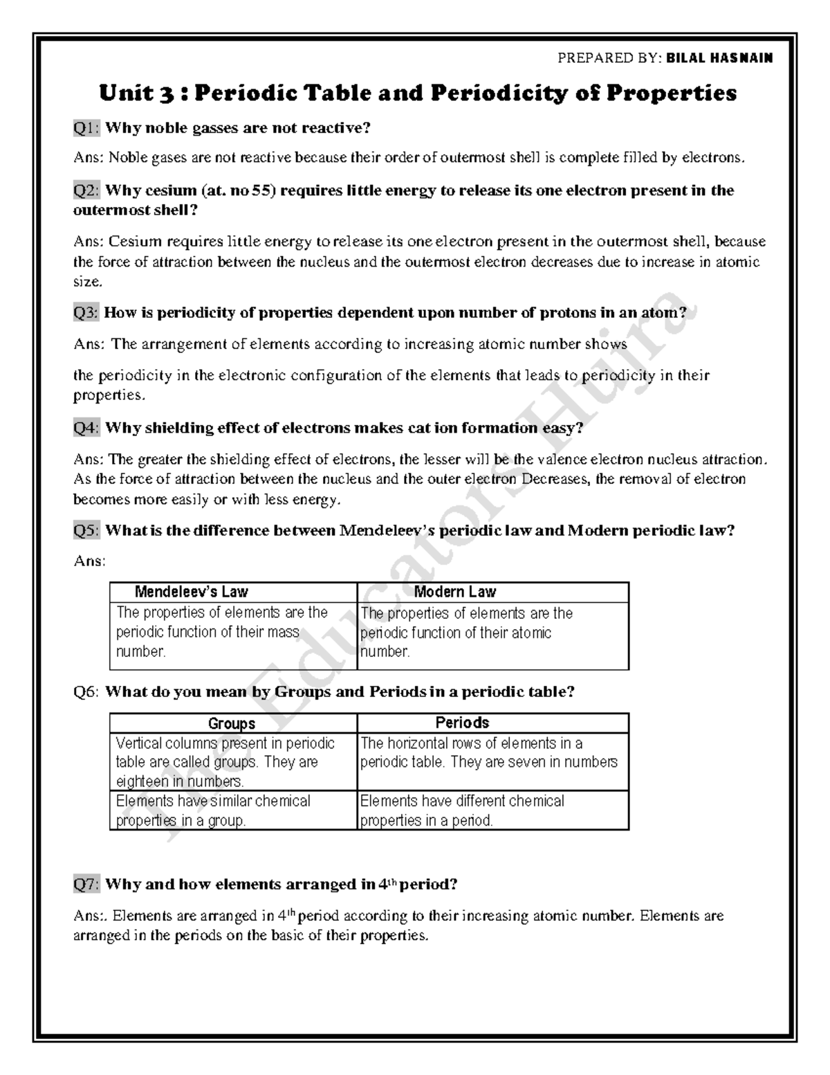 Unit 3,4,5 - Answer and questions - Unit 3 : Periodic Table and ...