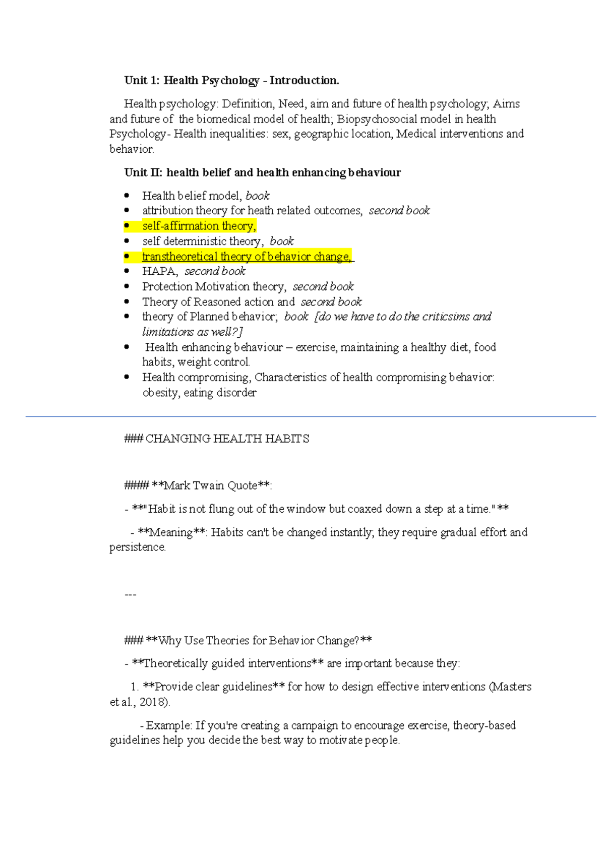 unit 2, models of health psychology - Unit 1: Health Psychology ...