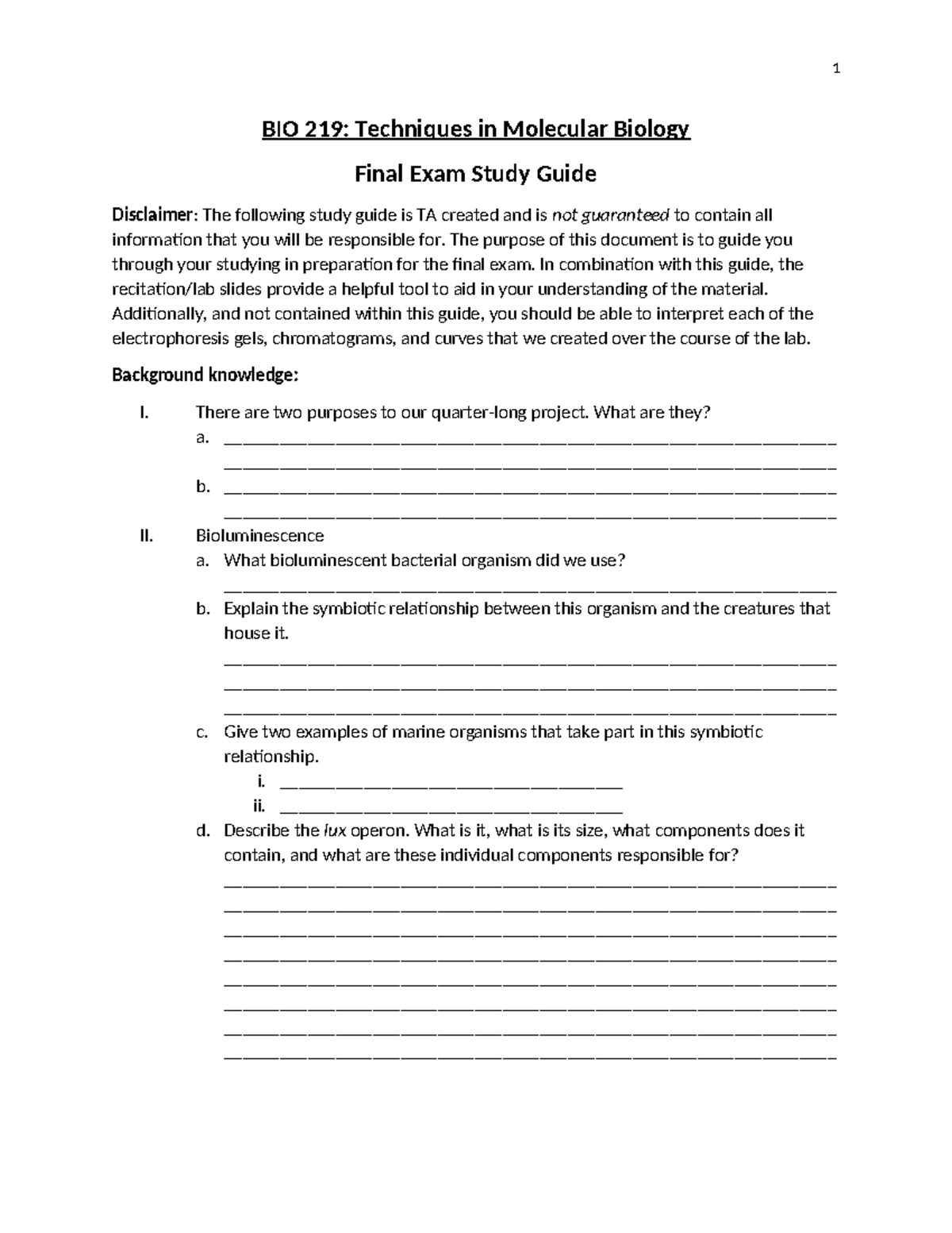 Final Exam Study Guide - BIO 219: Techniques in Molecular Biology Final Exam Study Guide ...