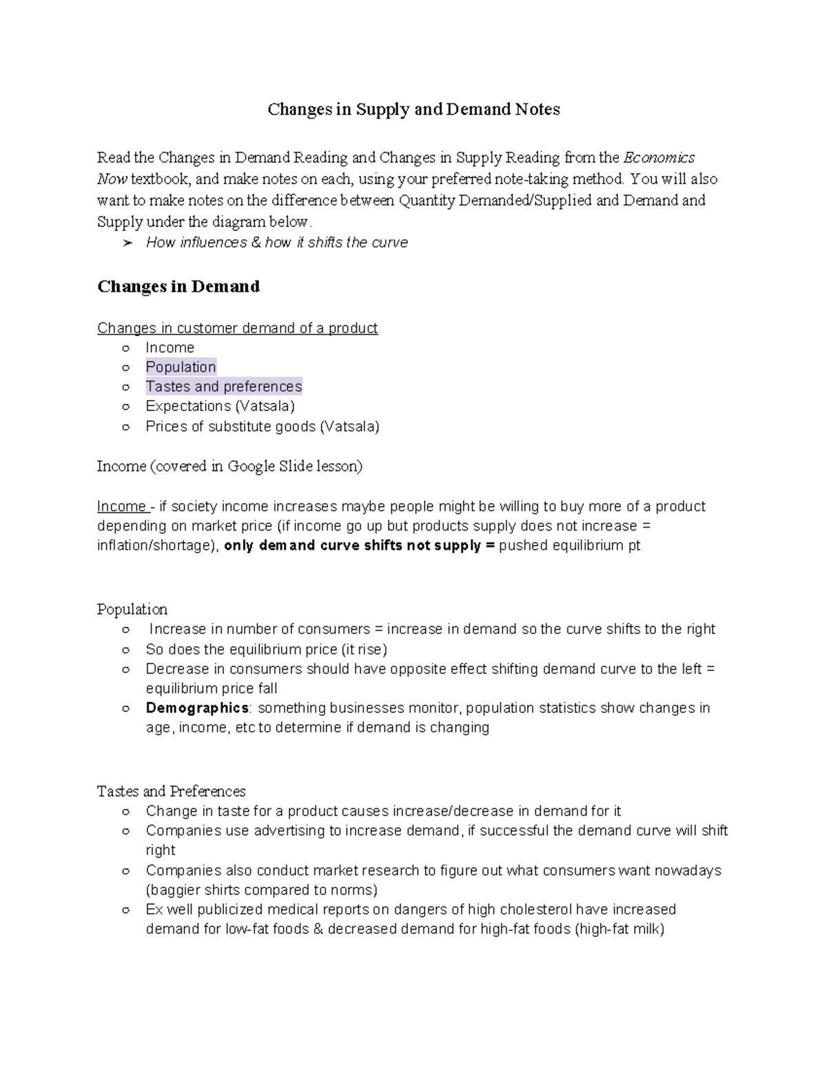 Changes in Demand Supply notes - Changes in Supply and Demand Notes ...