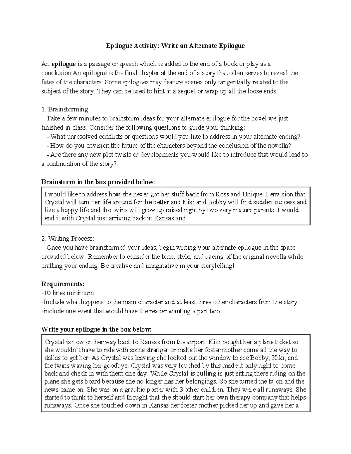 Crystal Clear Epilogue Activity Write an Epilogue - Epilogue Activity ...