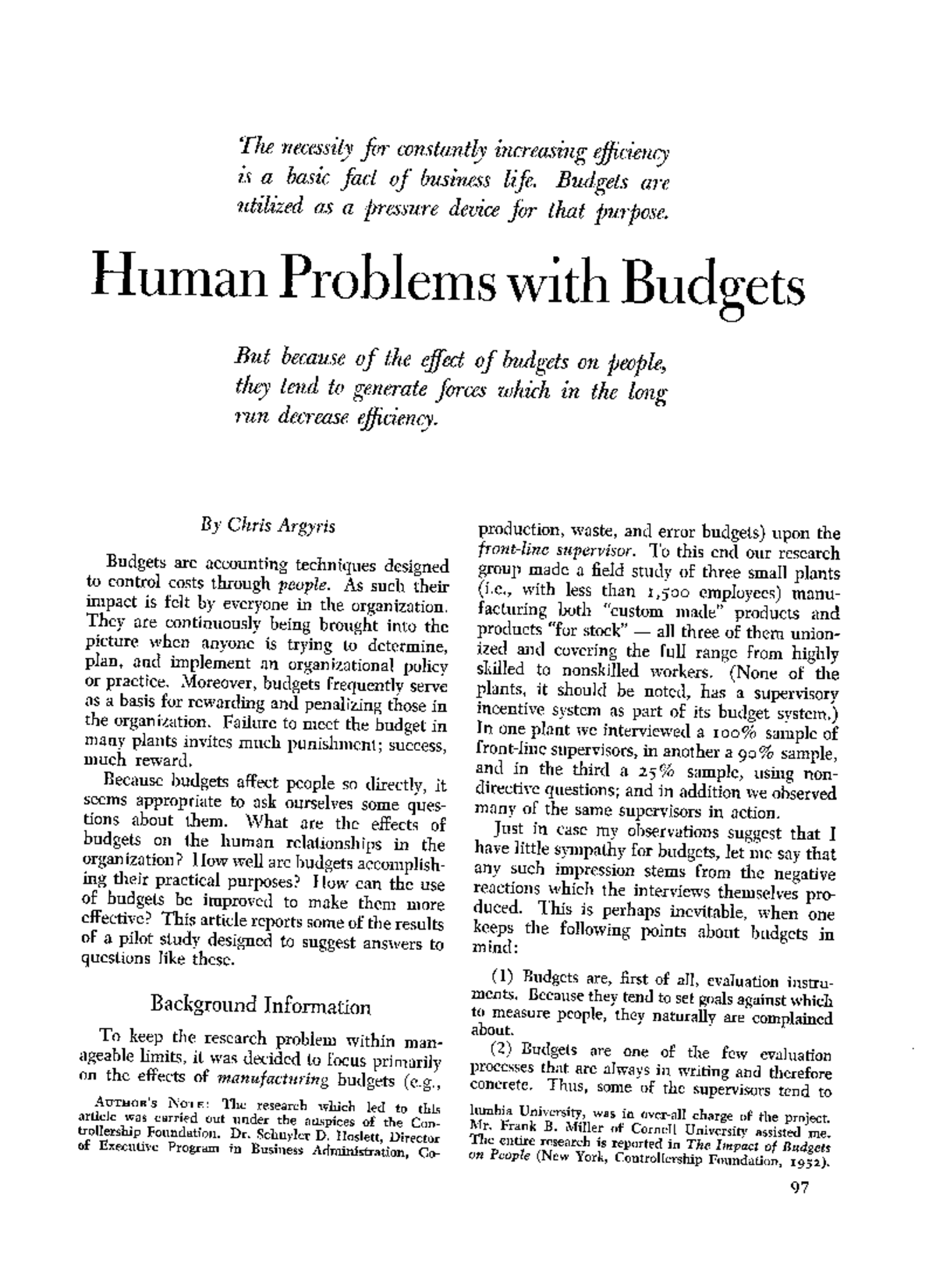 Lecture 7 Reading - Argyris, C. 1952 - The impact of budgets on people ...
