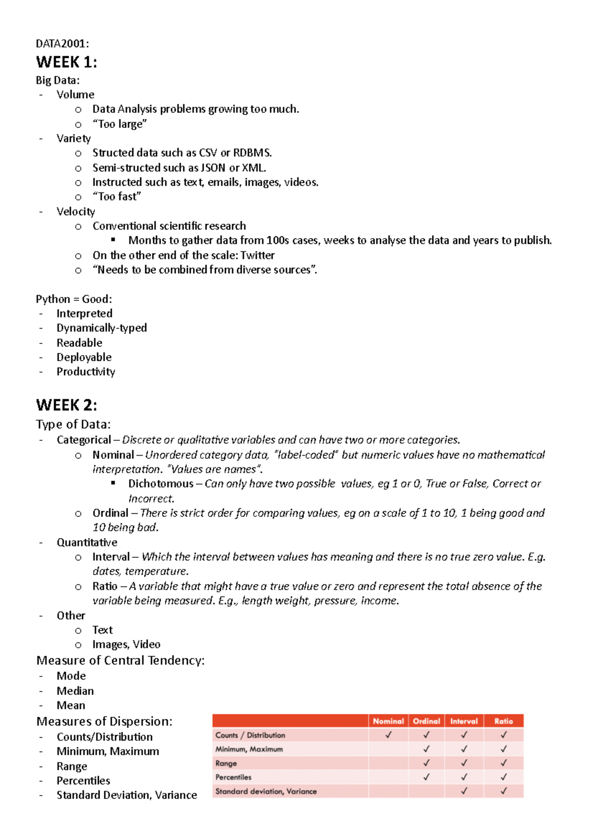 DATA2001 - Lecture Notes - FULL - DATA2001: WEEK 1: Big Data: - Volume ...