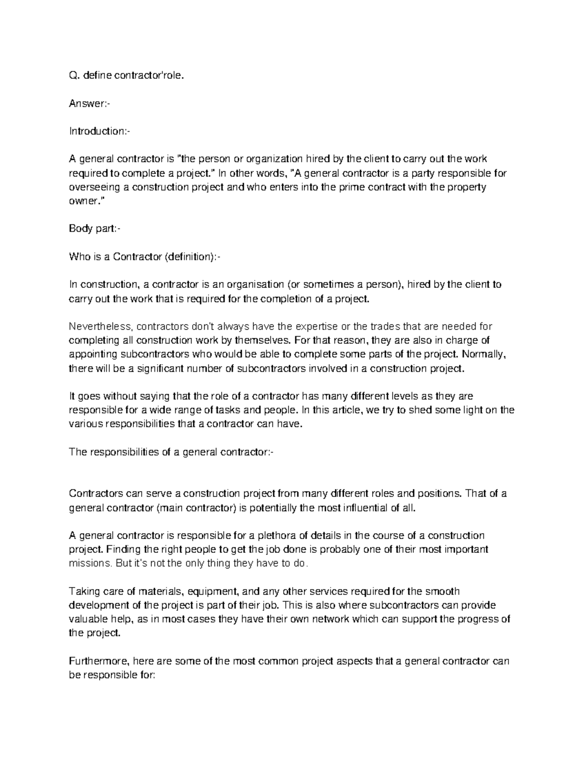 Define contractor'role - Q. define contractor'role. Answer ...