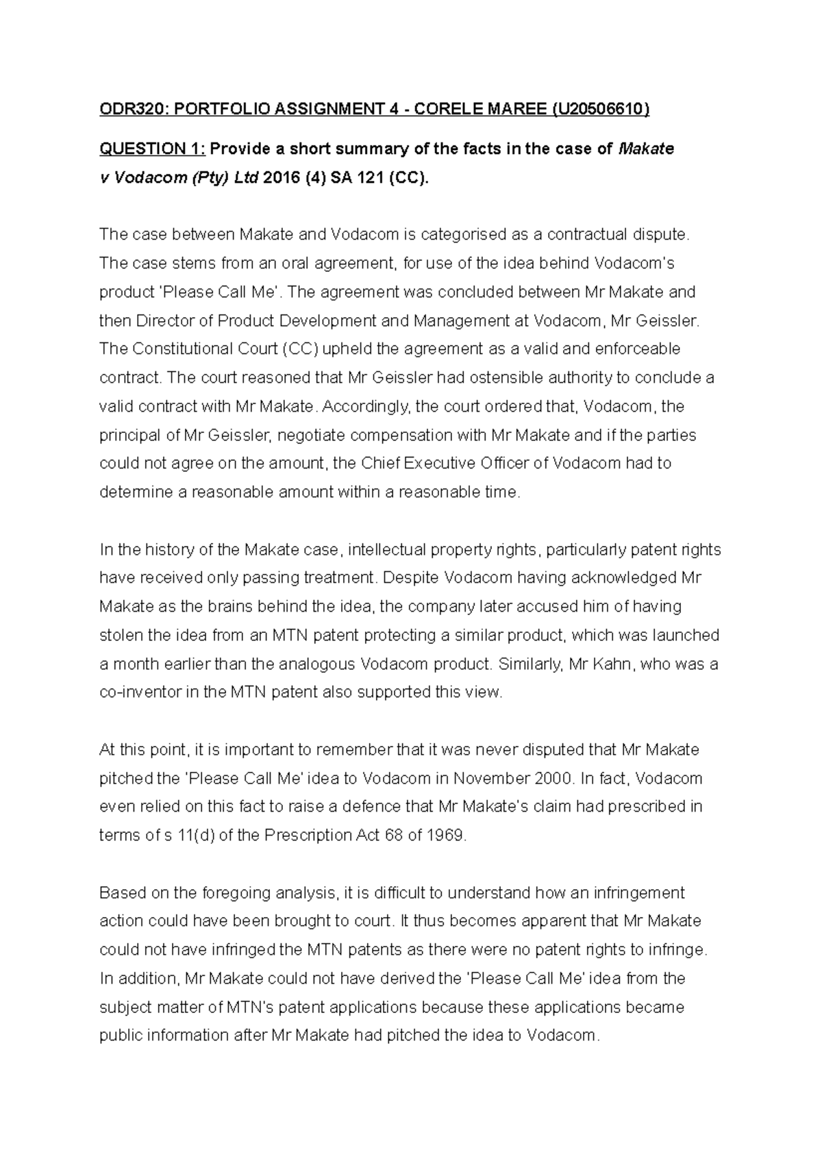 ODR320 ASSIGNMENT 4 - ODR320: PORTFOLIO ASSIGNMENT 4 - CORELE MAREE (U20506610) QUESTION 1 ...