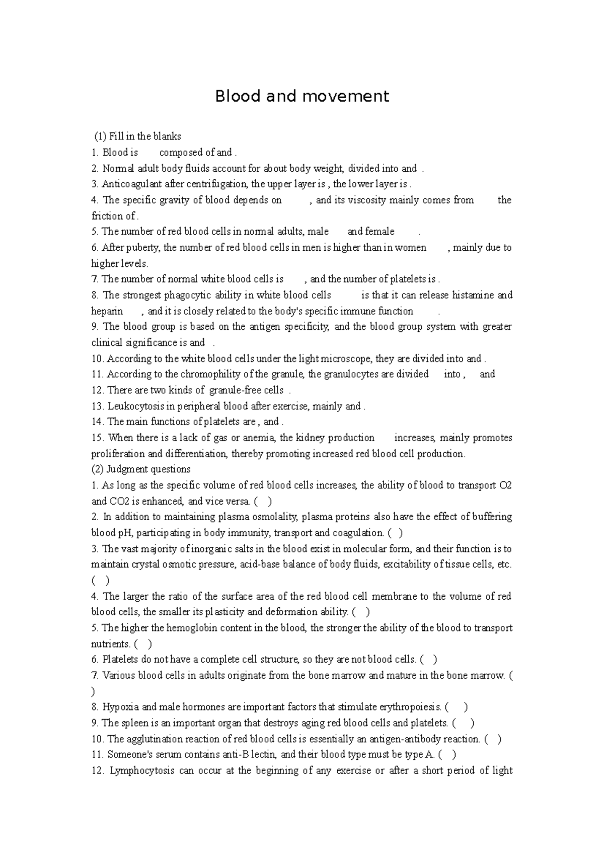 Blood and movement - coursework - Blood and movement (1) Fill in the ...