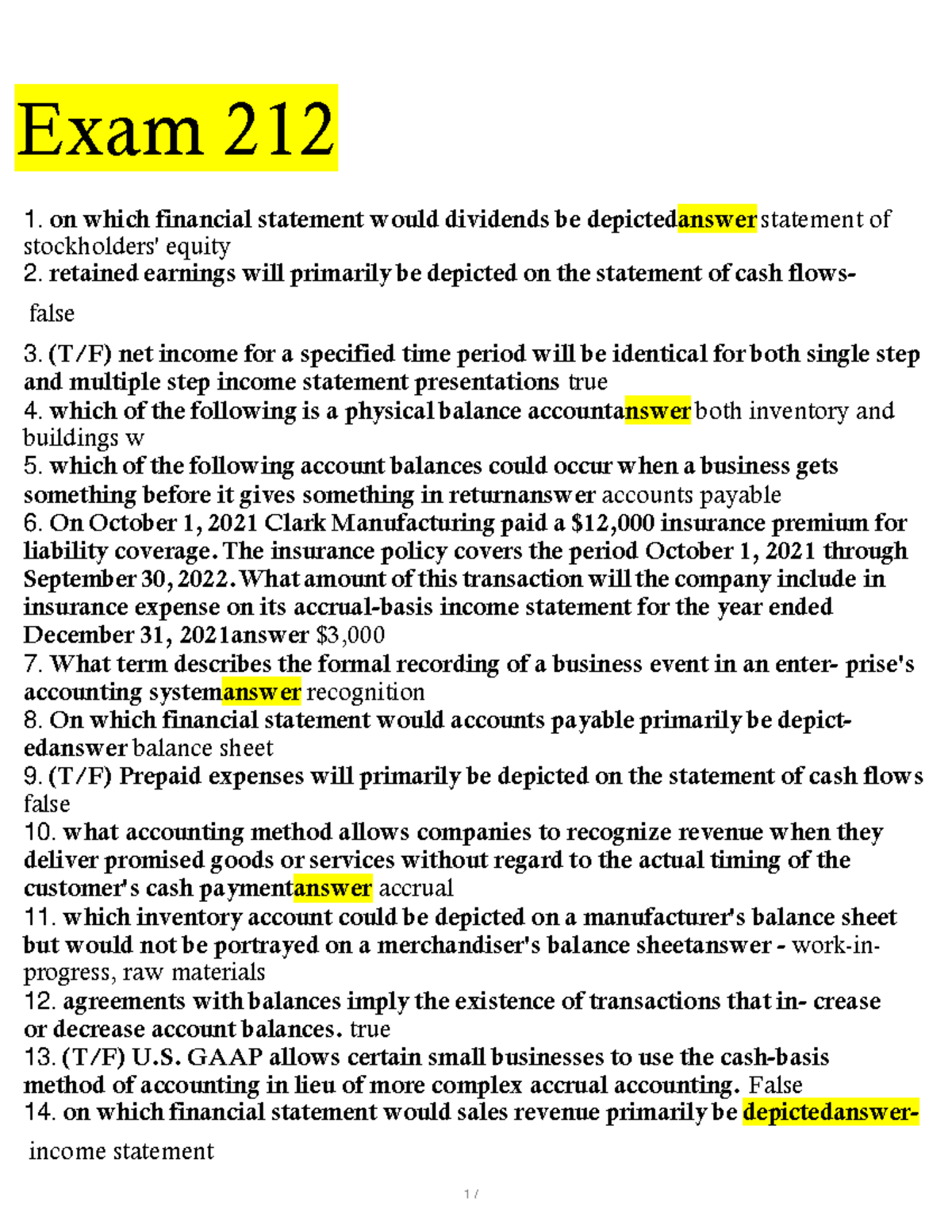 Exam 212 - ACC 212 exam 2 homework 1. on which financial statement ...