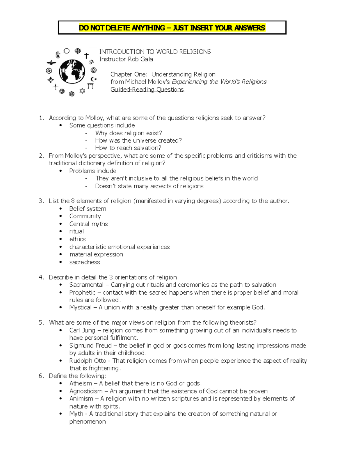 Guided Reading Questions - INTRODUCTION TO WORLD RELIGIONS Instructor ...